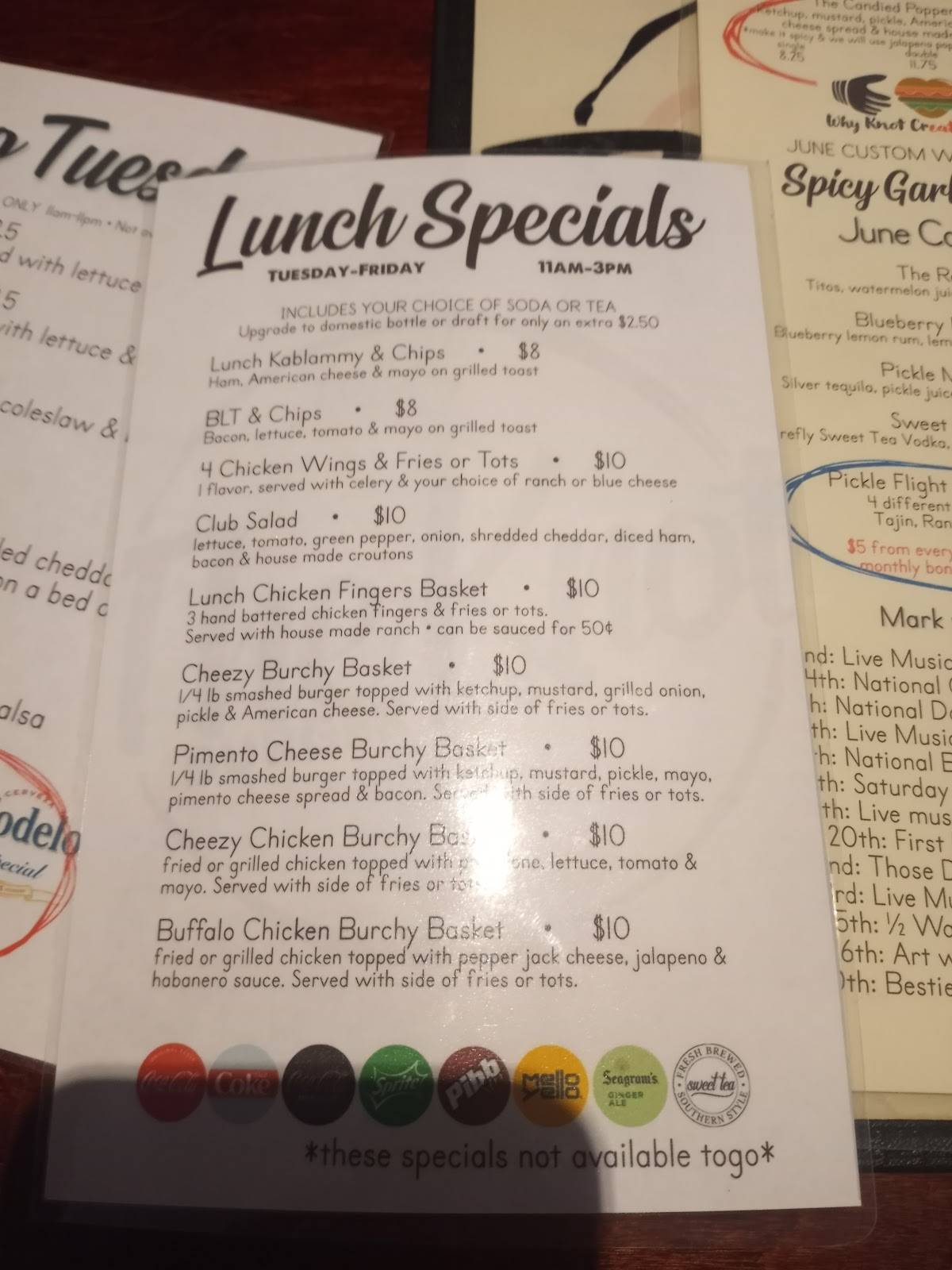 Menu at The Knot Burger Pub, Summerville, 208 E 5th N St
