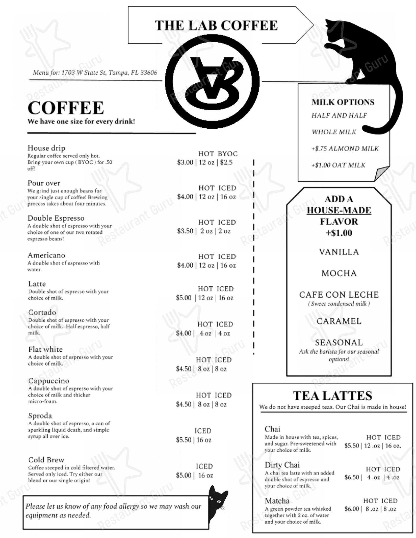 Menu at The Lab Coffee - West Tampa cafe, Tampa