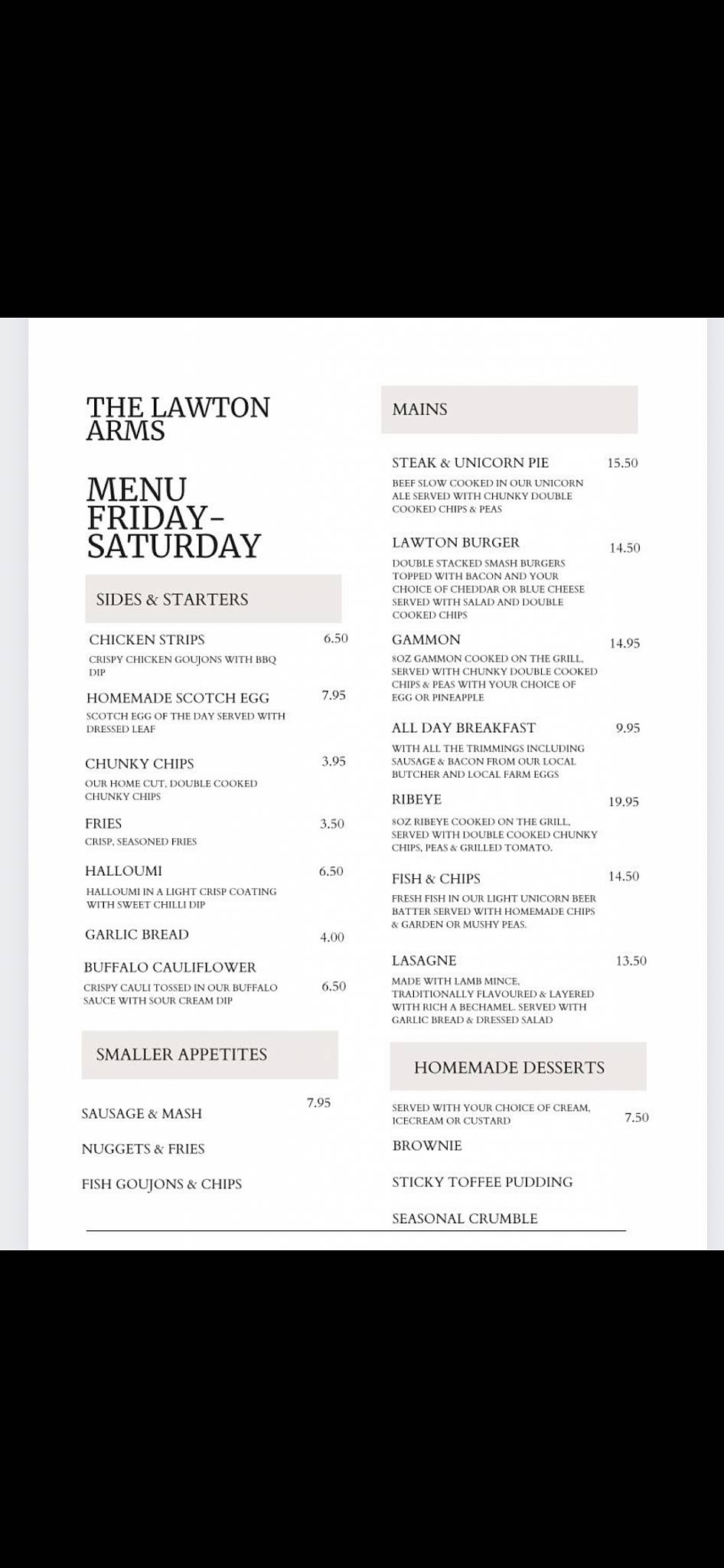 Menu at The Lawton Arms, Church Lawton pub & bar, Stoke-on-Trent
