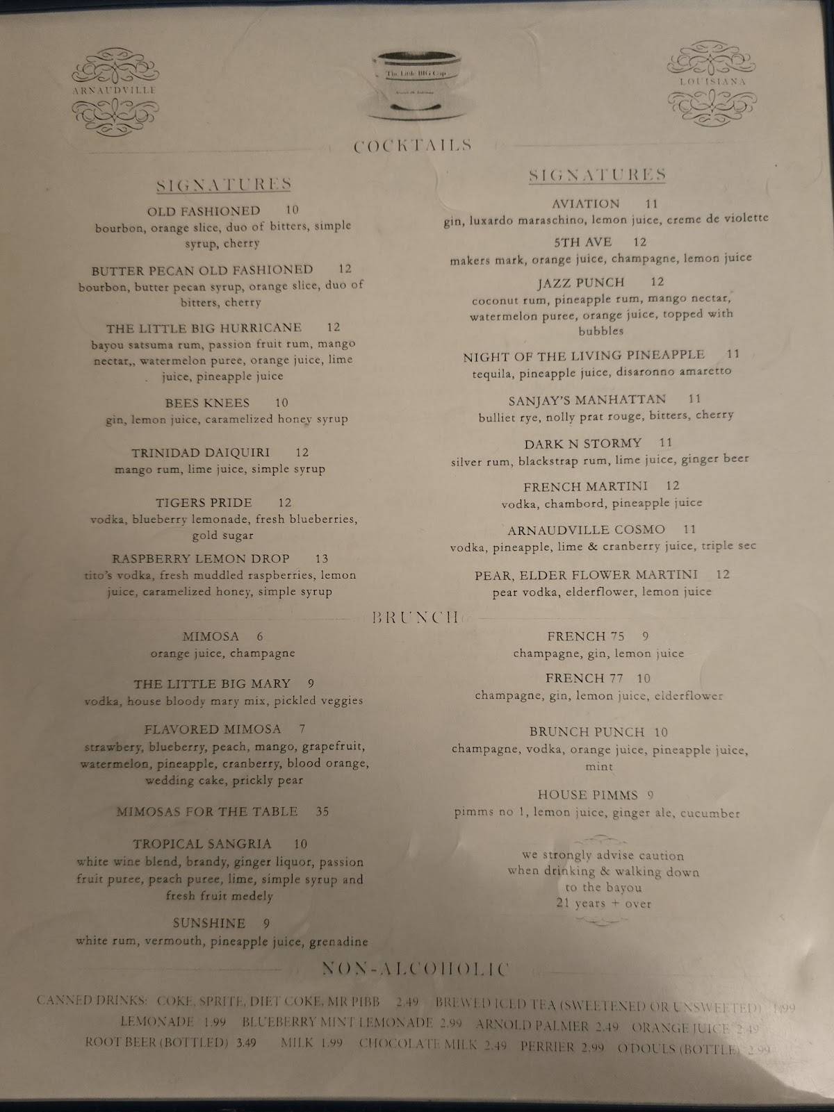 Menu at The Little Big Cup restaurant, Arnaudville