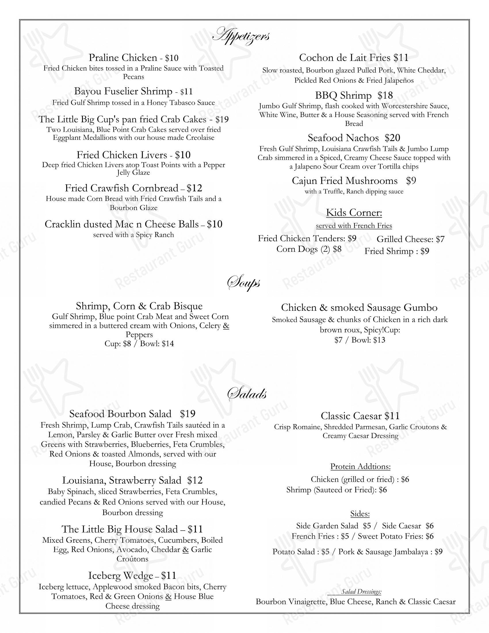 Menu at The Little Big Cup restaurant, Arnaudville