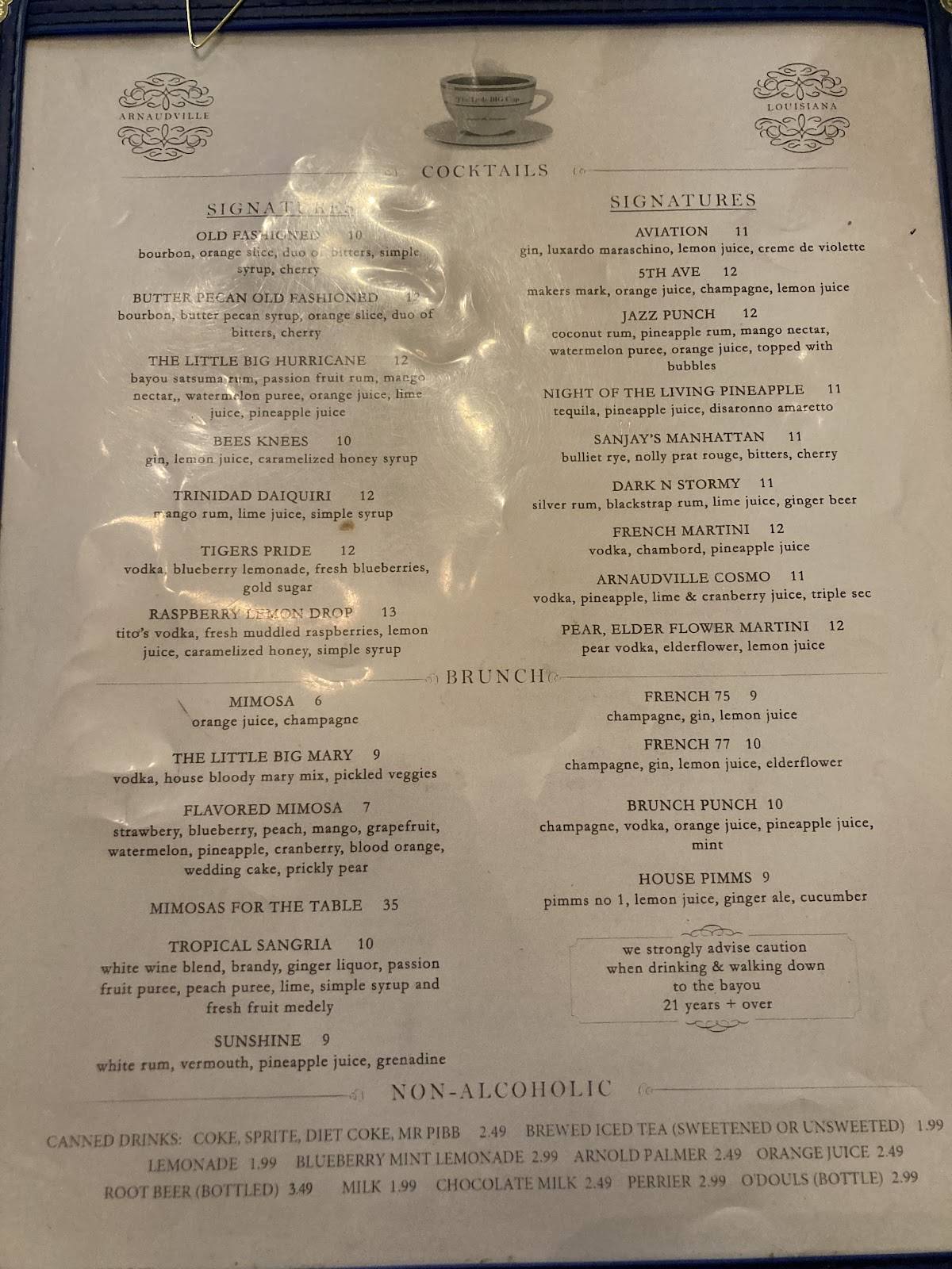 Menu at The Little Big Cup restaurant, Arnaudville