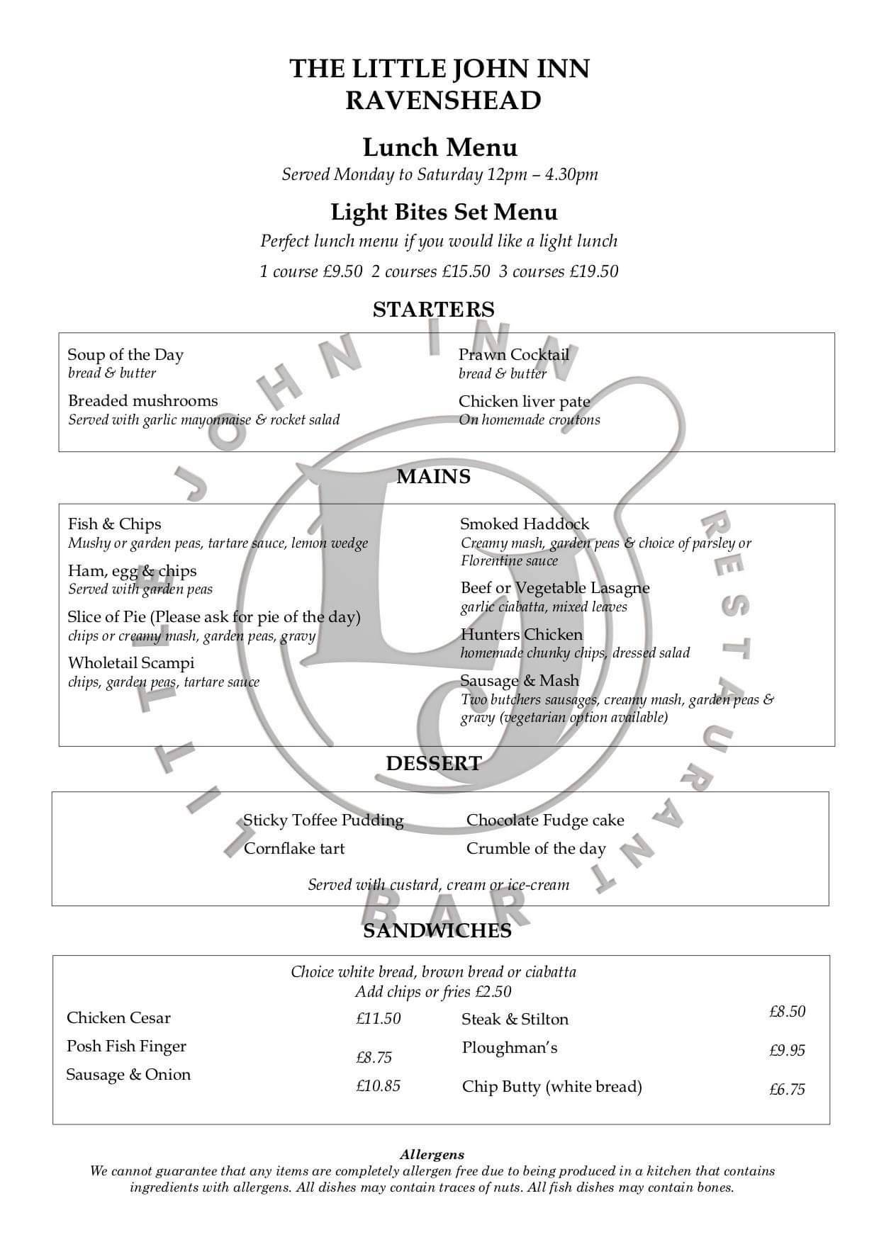 Menu at Little John Inn pub & bar, Ravenshead