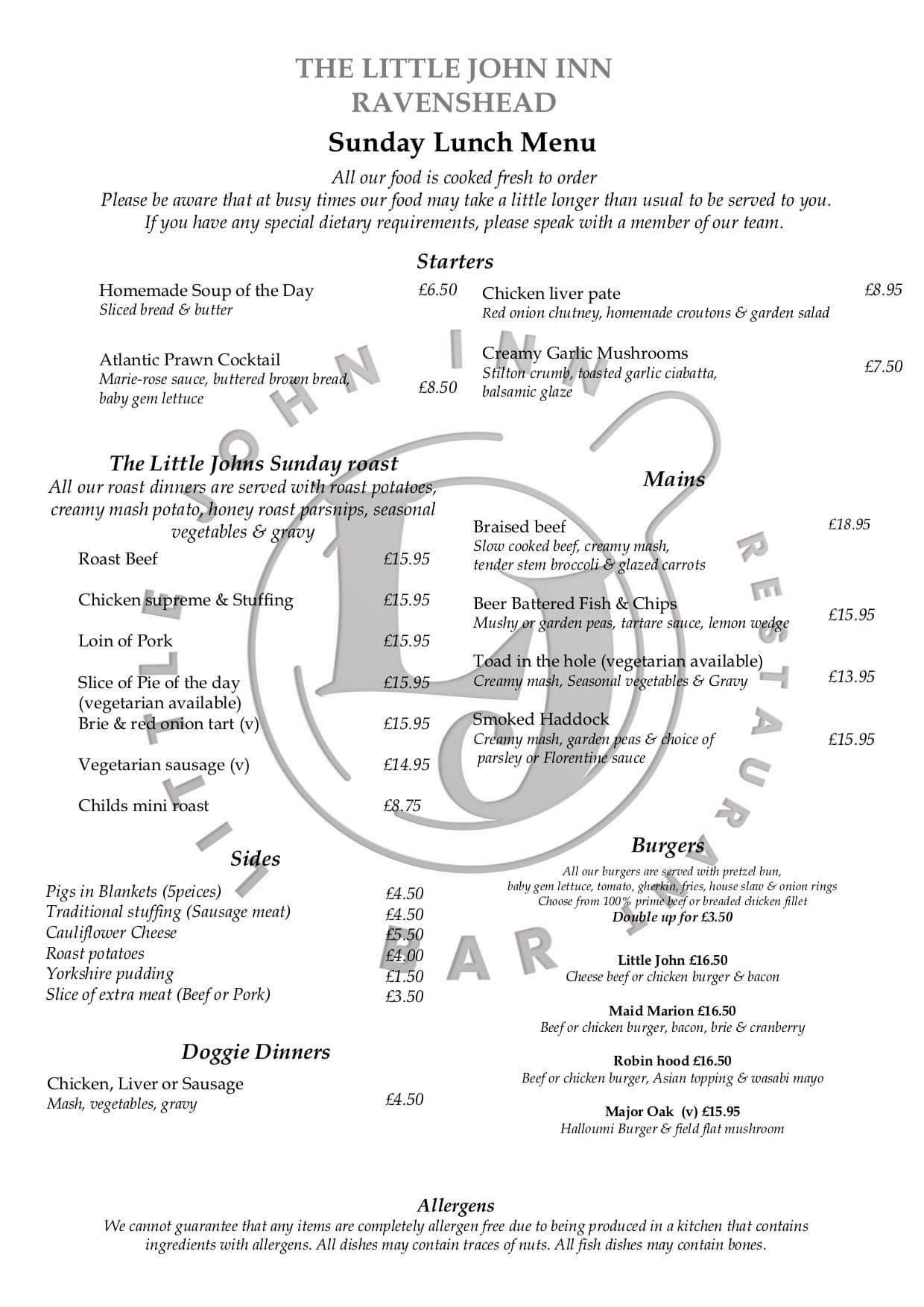 Menu at Little John Inn pub & bar, Ravenshead