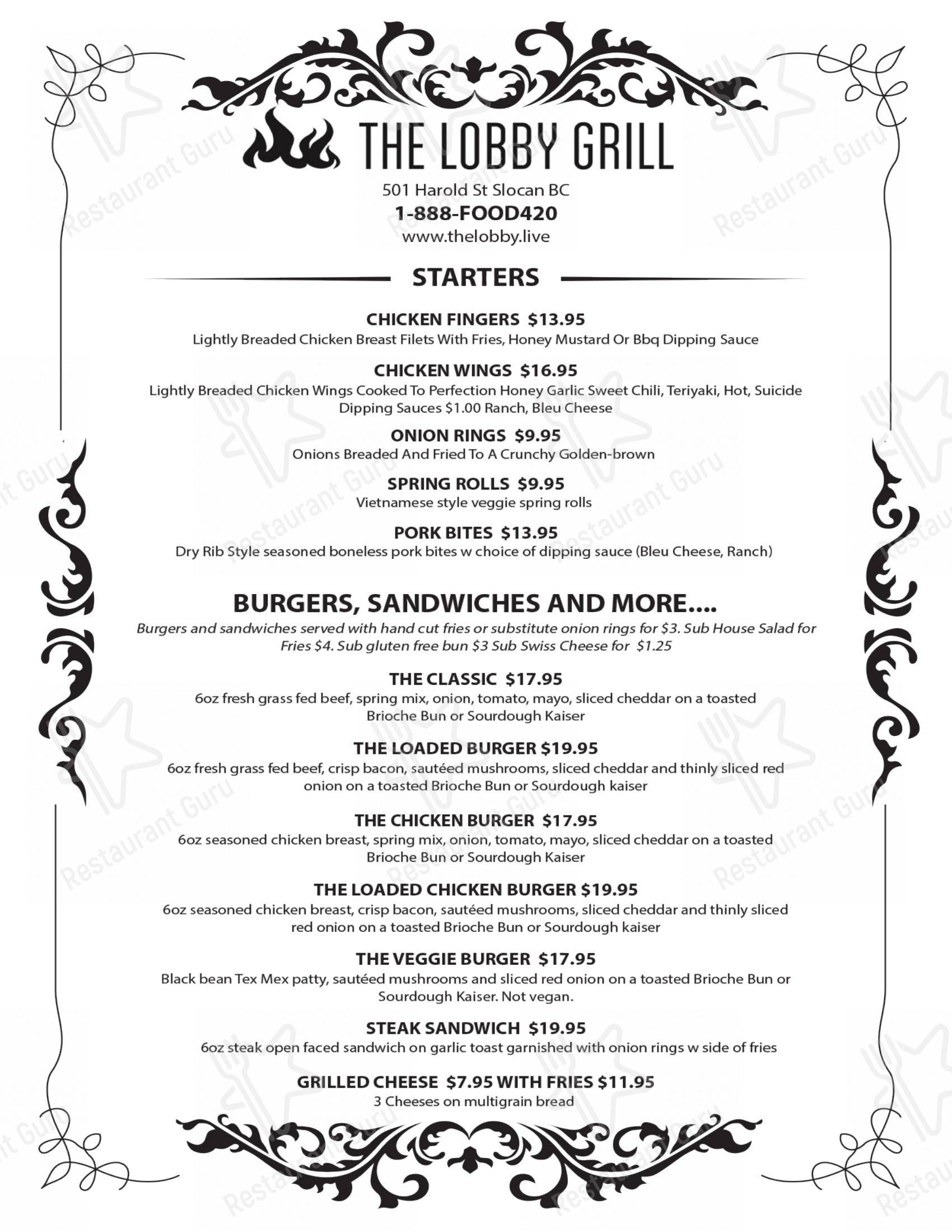 Menu at The Lobby Grill restaurant, Slocan