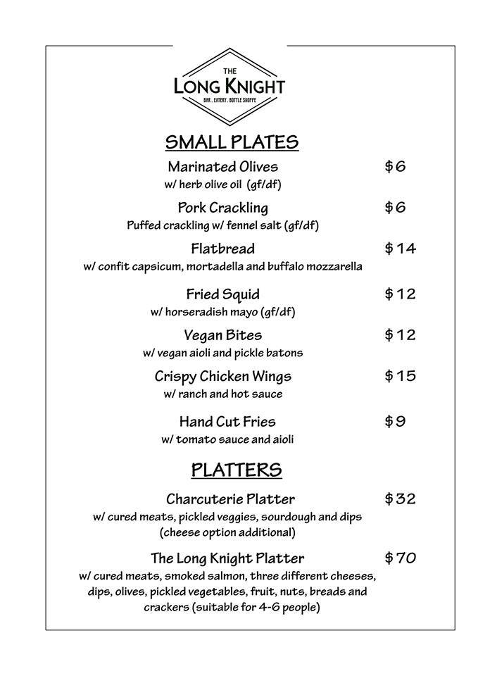 Menu at The Long Knight - Bar. Eatery. Bottle Shoppe, Christchurch