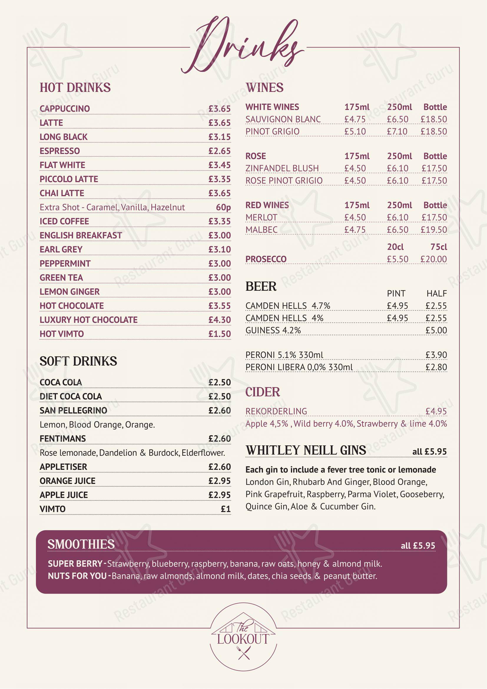 Menu at The Lookout cafe, Goosnargh