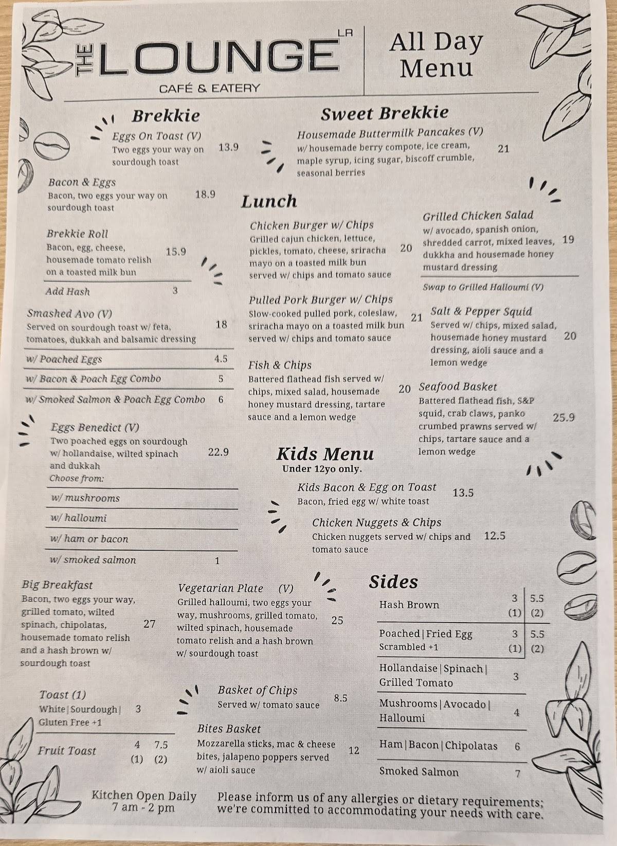 Menu at The Lounge Café and Eatery cafe, Logan Reserve