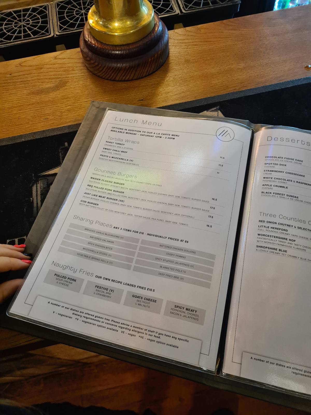 Menu at The Maidenhead restaurant, Orleton