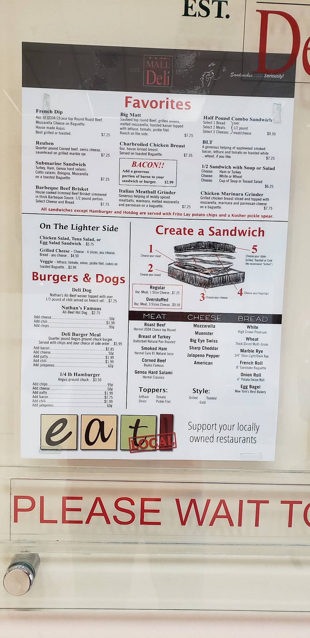 Menu at The Mall Deli restaurant, Pittsburg