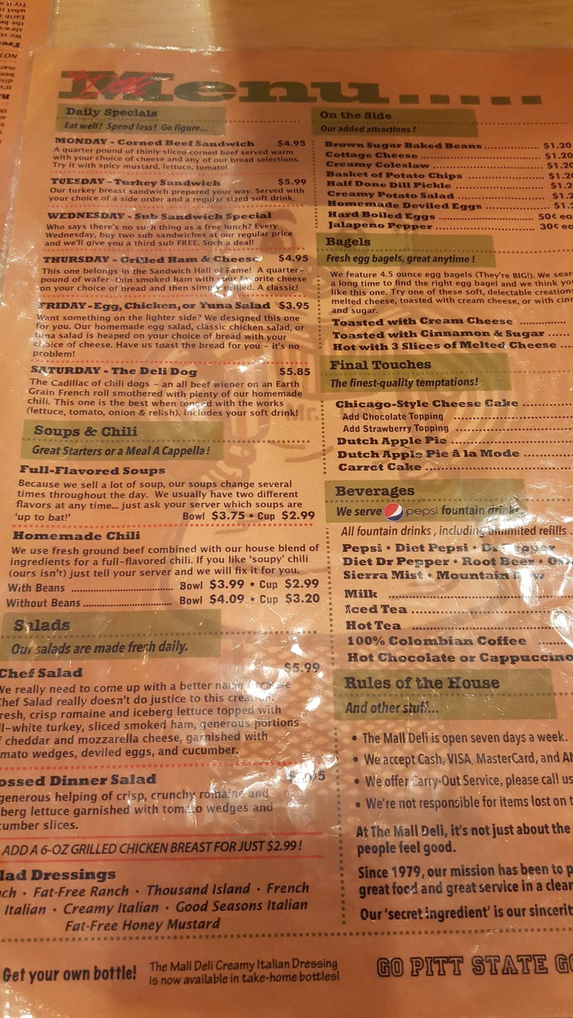 Menu at The Mall Deli restaurant, Pittsburg