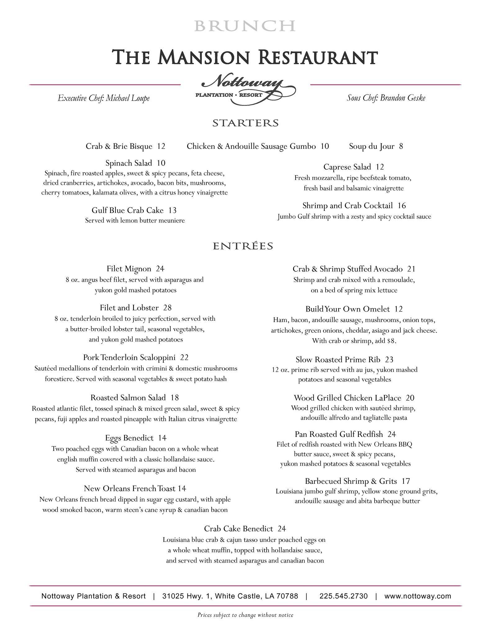 Menu at The Mansion Restaurant, White Castle, LA-1