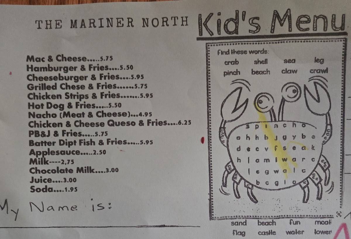 Menu at The Mariner North Restaurant, Copper Harbor