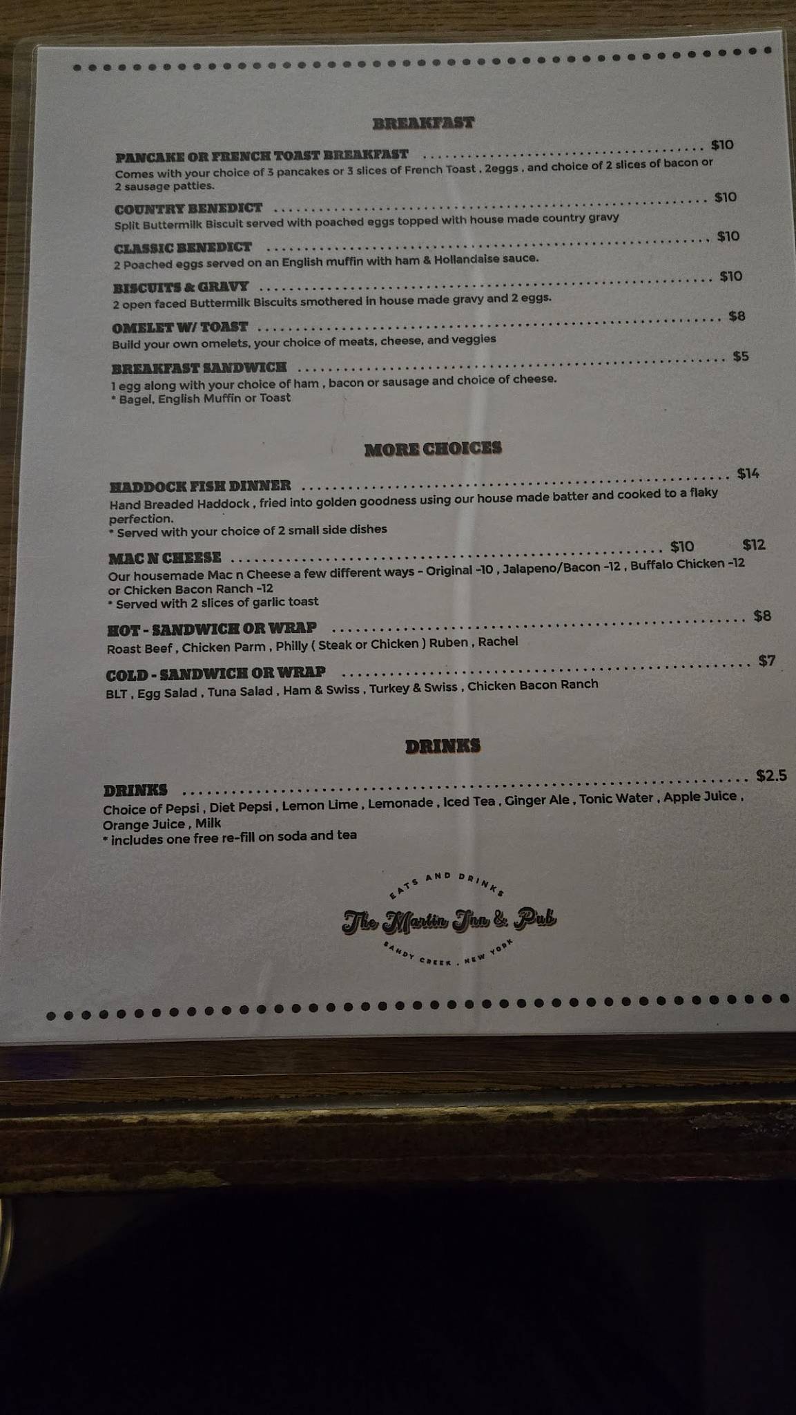 Menu at The Martin Inn & Pub, Sandy Creek