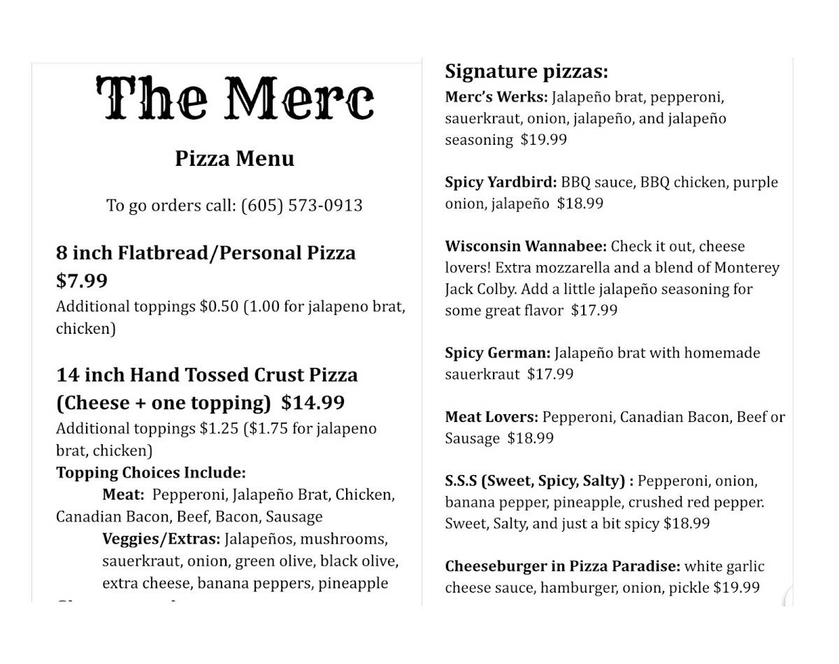 Menu at The Merc pub & bar, Flandreau