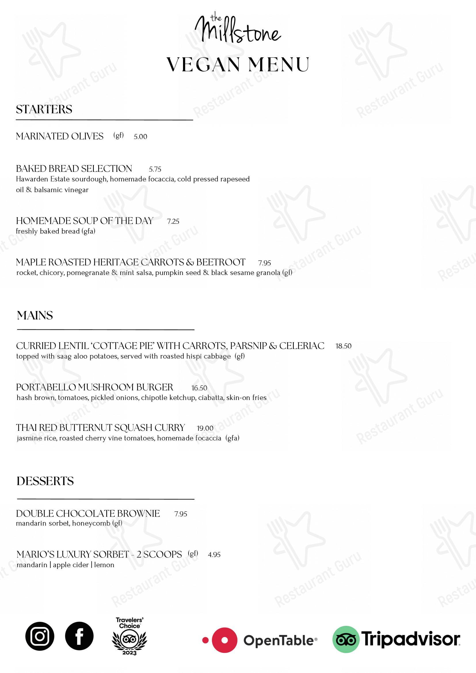 Menu at The Millstone restaurant, Penyffordd