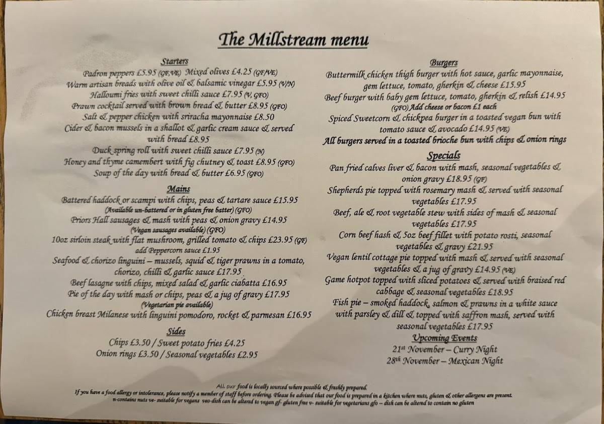 Menu at The Millstream pub & bar, Hertford
