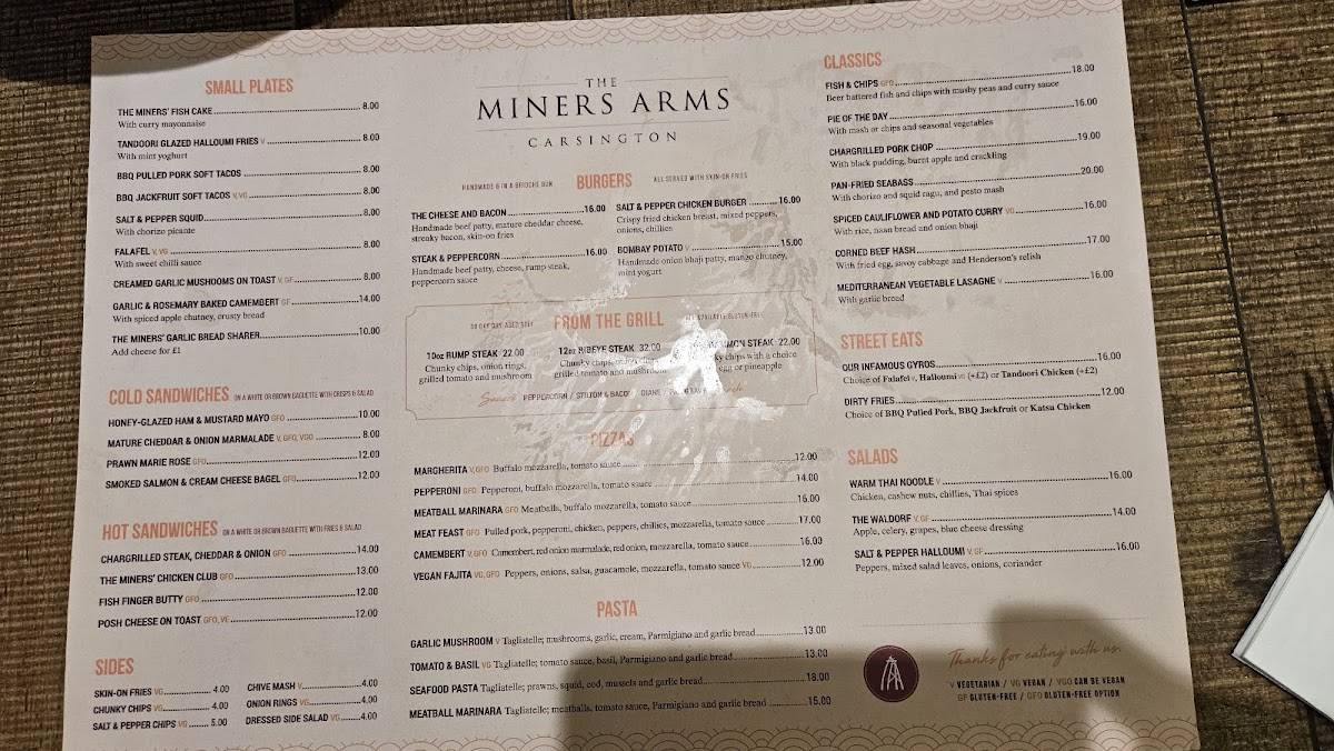 Menu at The Miners Arms Pub and Restaurant, Carsington, Main Road