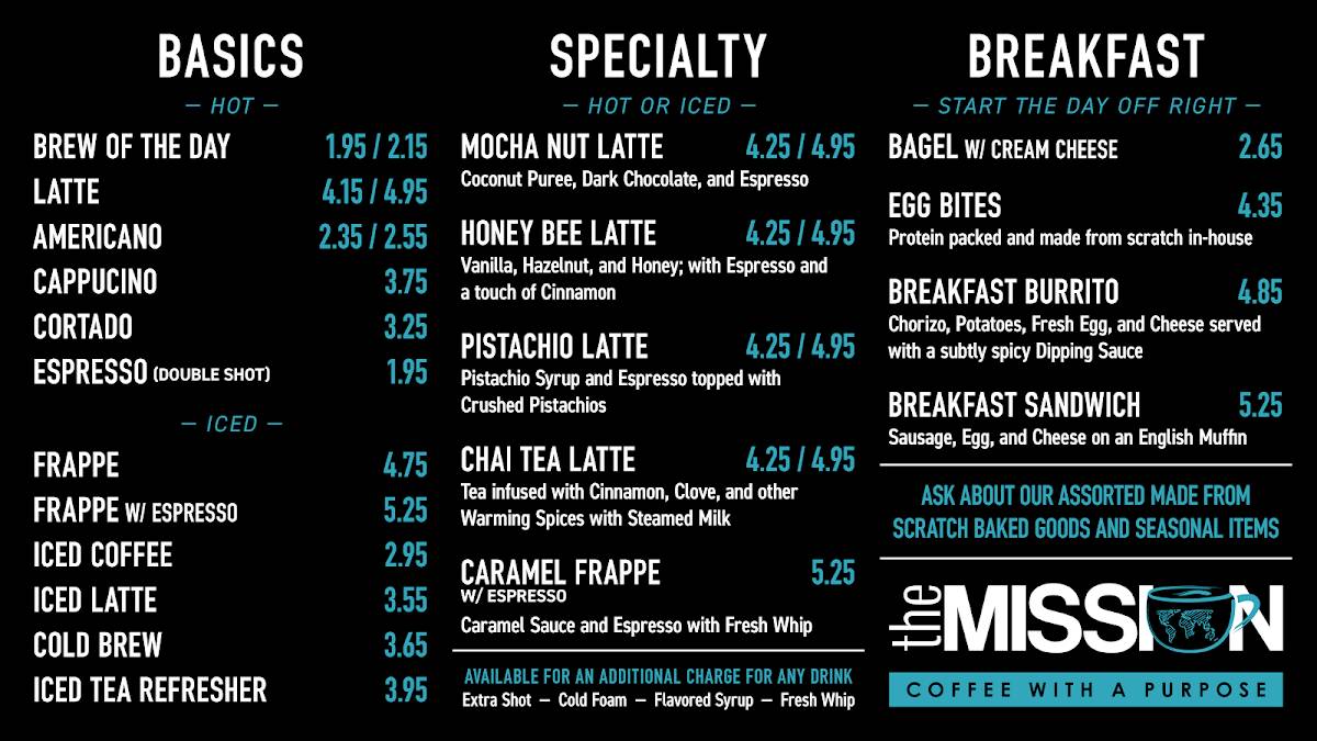 Menu at The Mission Coffee Shop, Gainesville