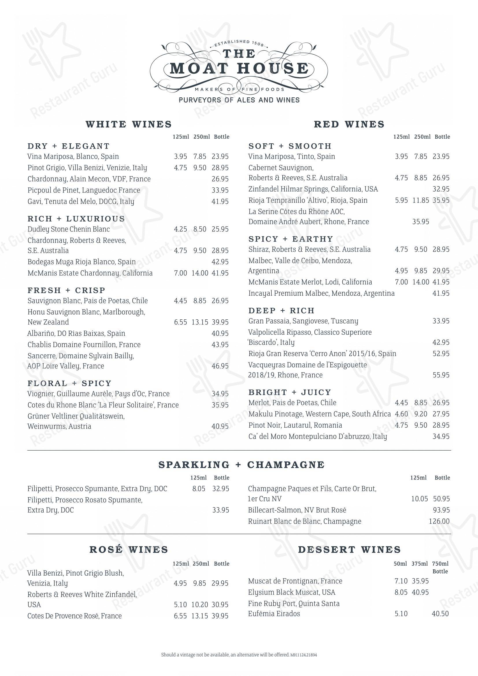 Menu at The Moat House Inn pub & bar, Alcester