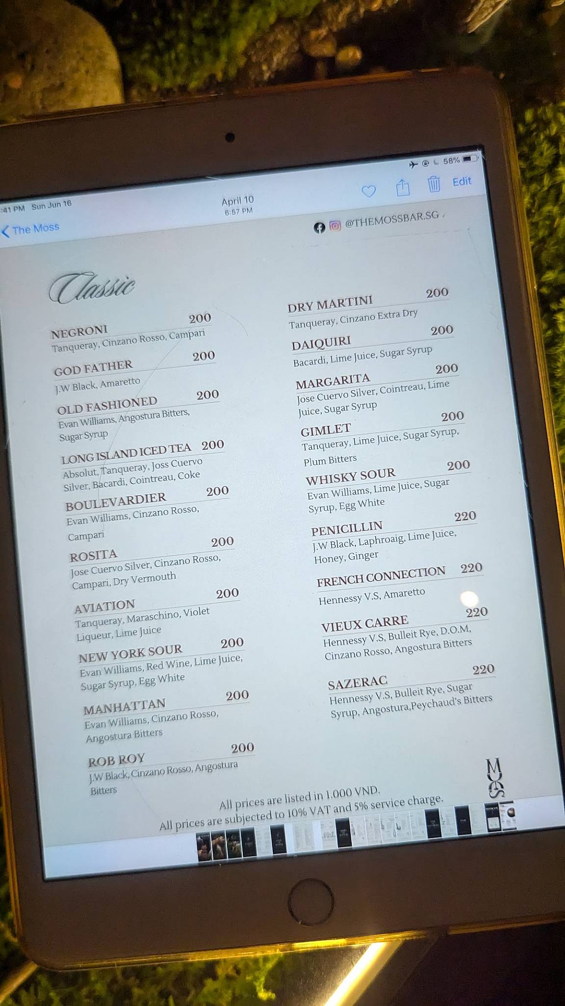 Menu at The Moss Bar, Ho Chi Minh City