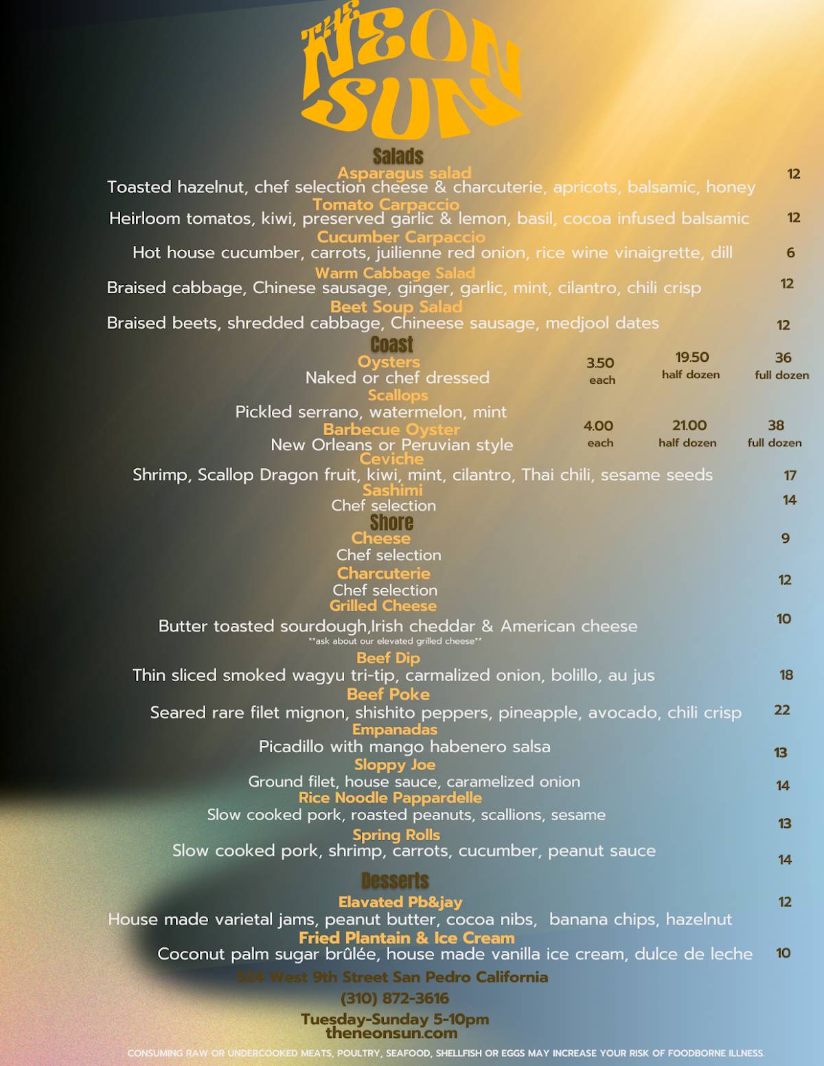 Menu at The Neon Sun restaurant, Los Angeles