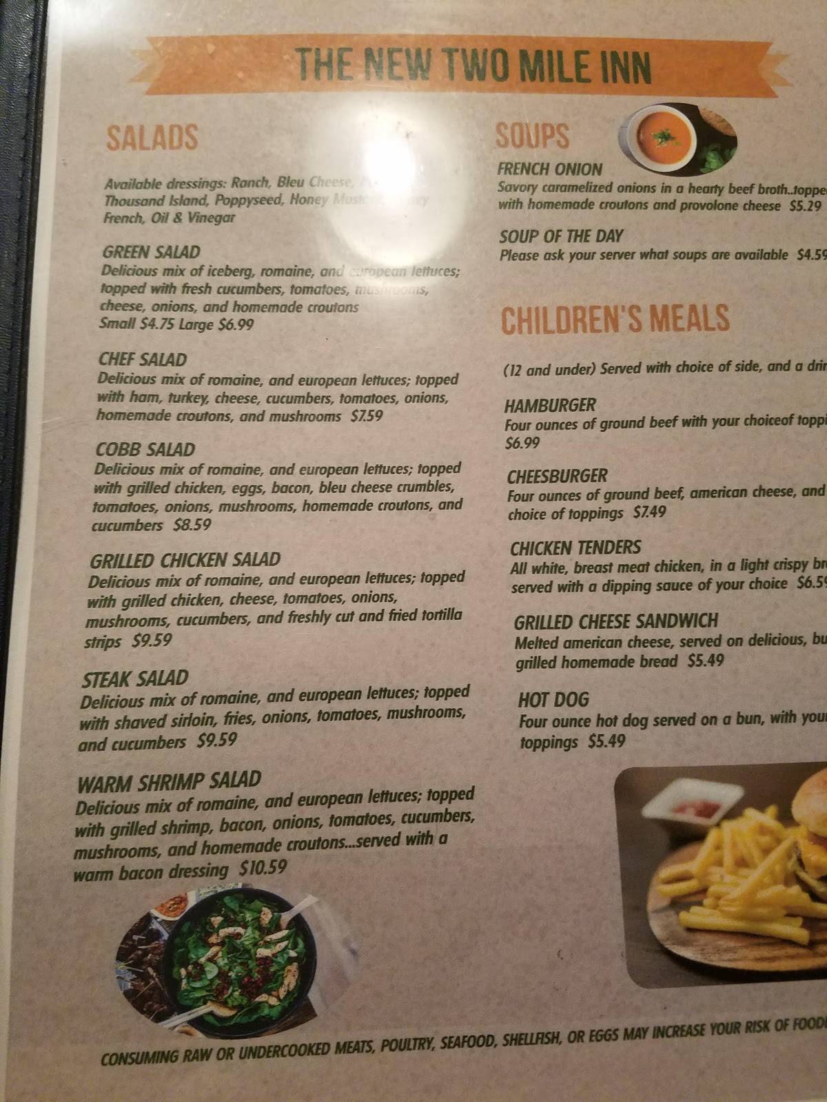 Menu at The New Two Mile Inn pub & bar, Port Allegany