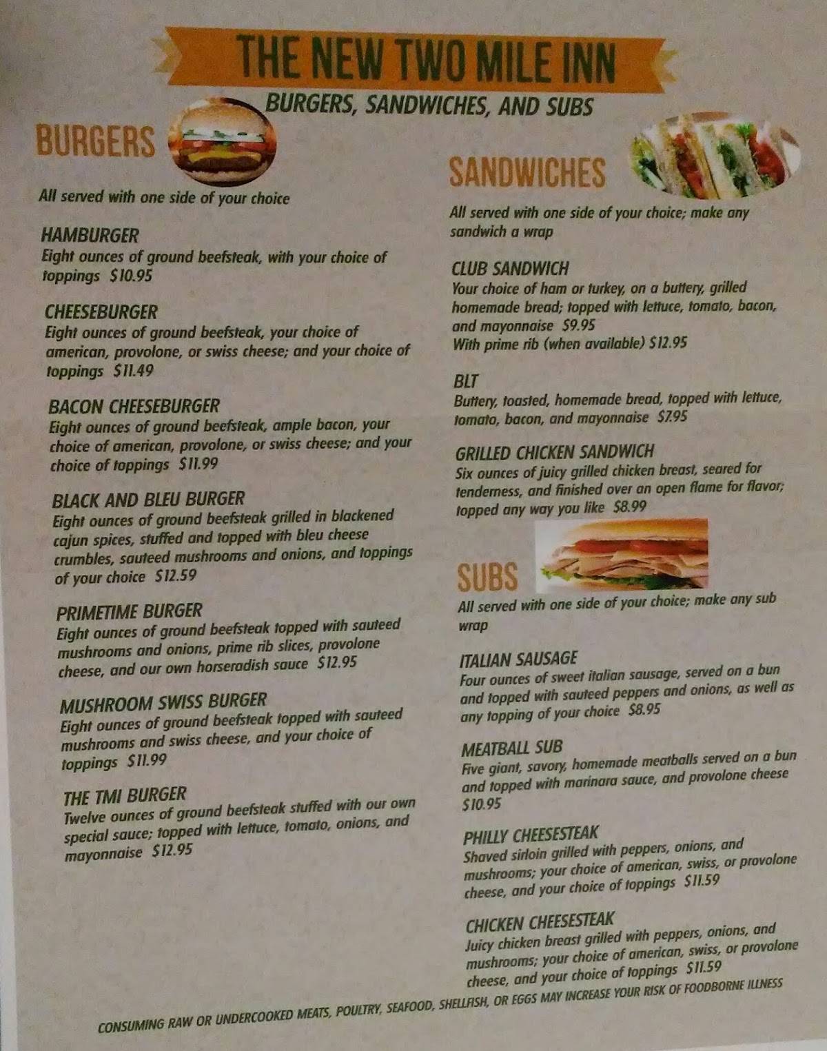 Menu at The New Two Mile Inn pub & bar, Port Allegany
