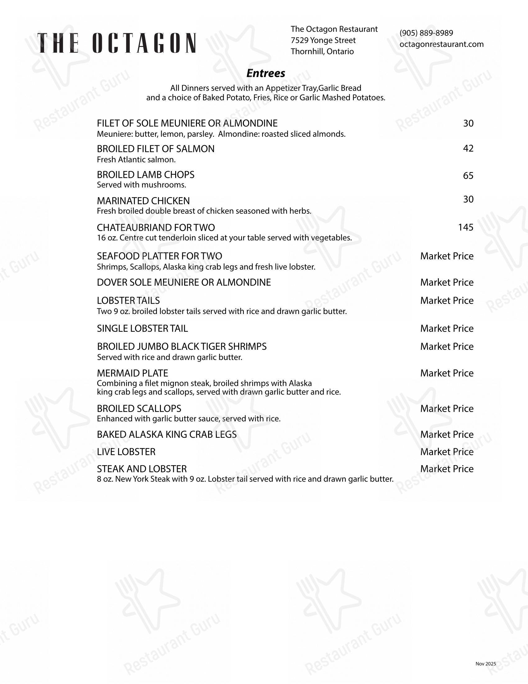 Menu at The Octagon steakhouse, Markham, Yonge St