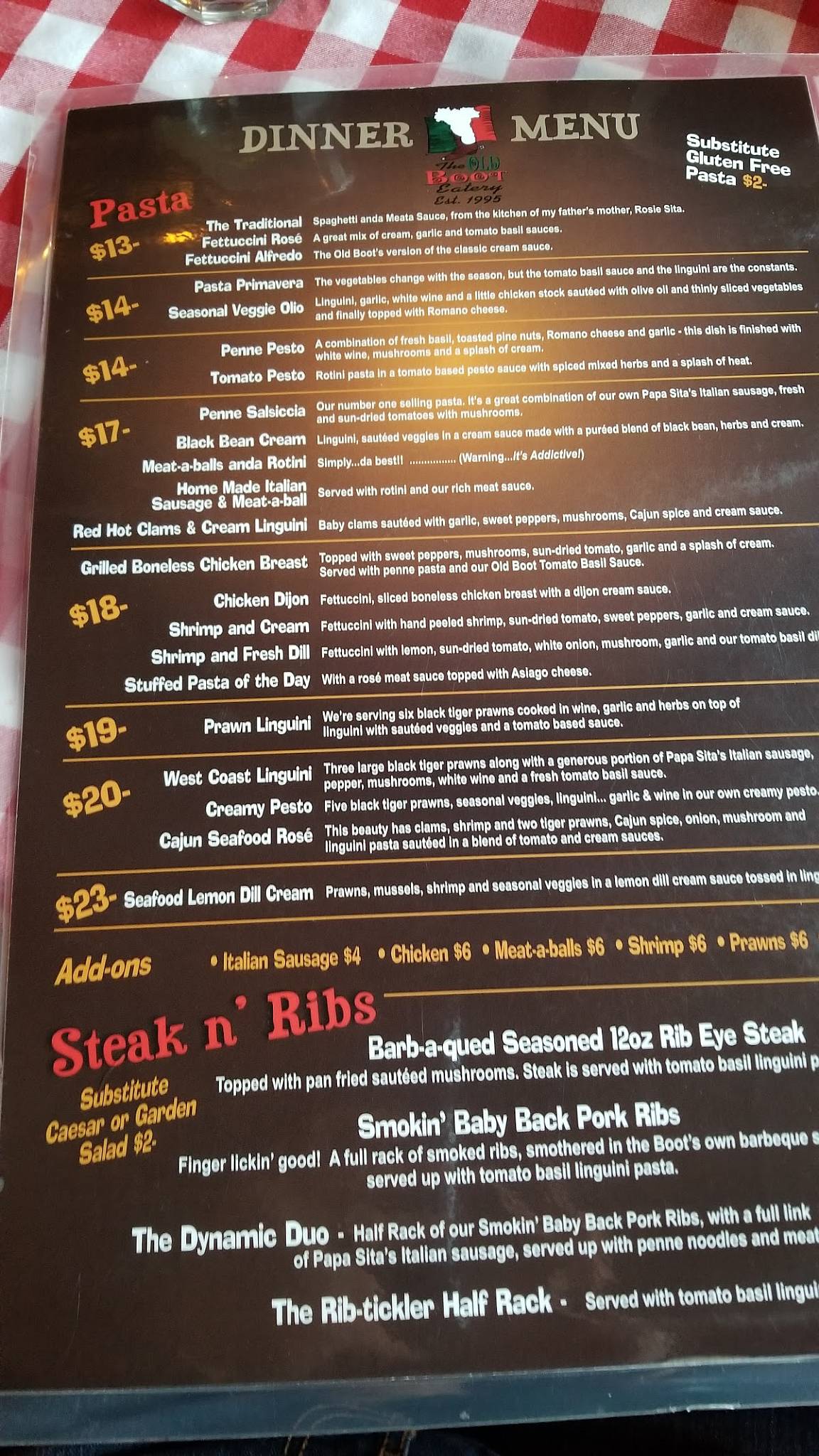 Menu at The Old Boot Eatery pizzeria, Sechelt