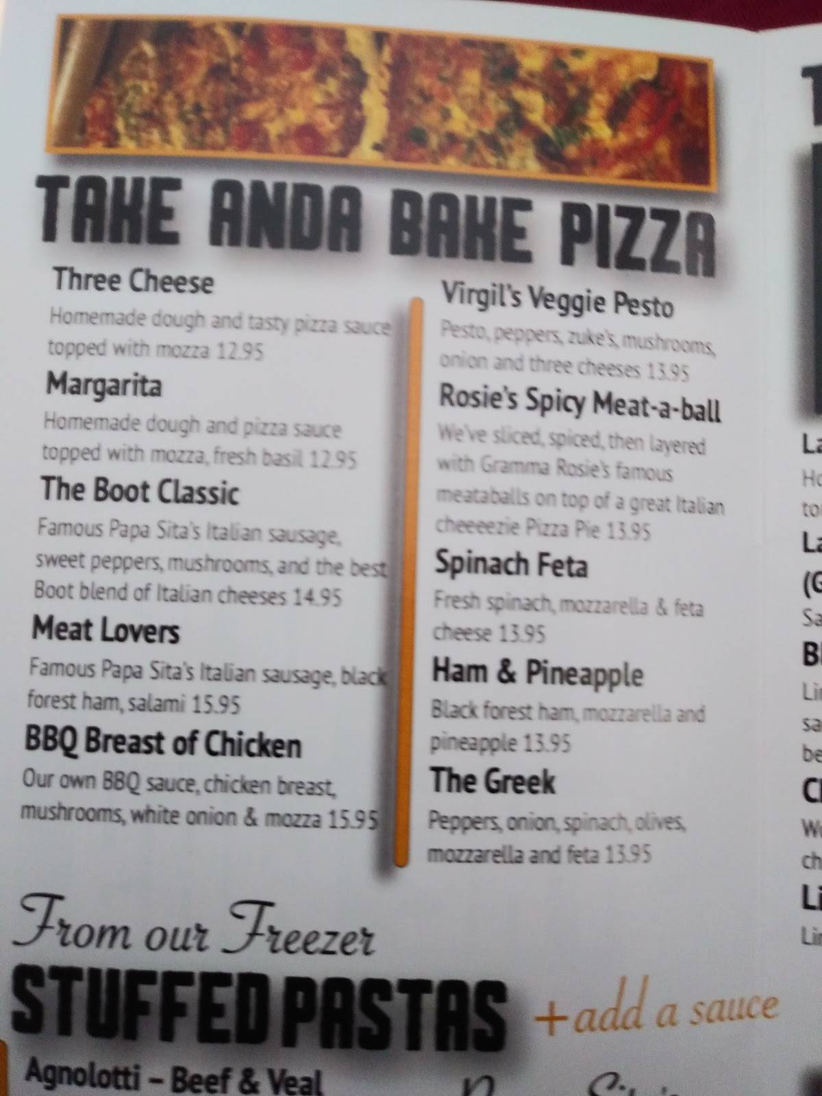 Menu at The Old Boot Eatery pizzeria, Sechelt