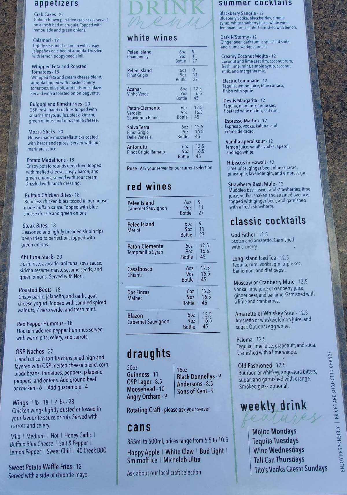 Menu at The Old South Village Pub, London