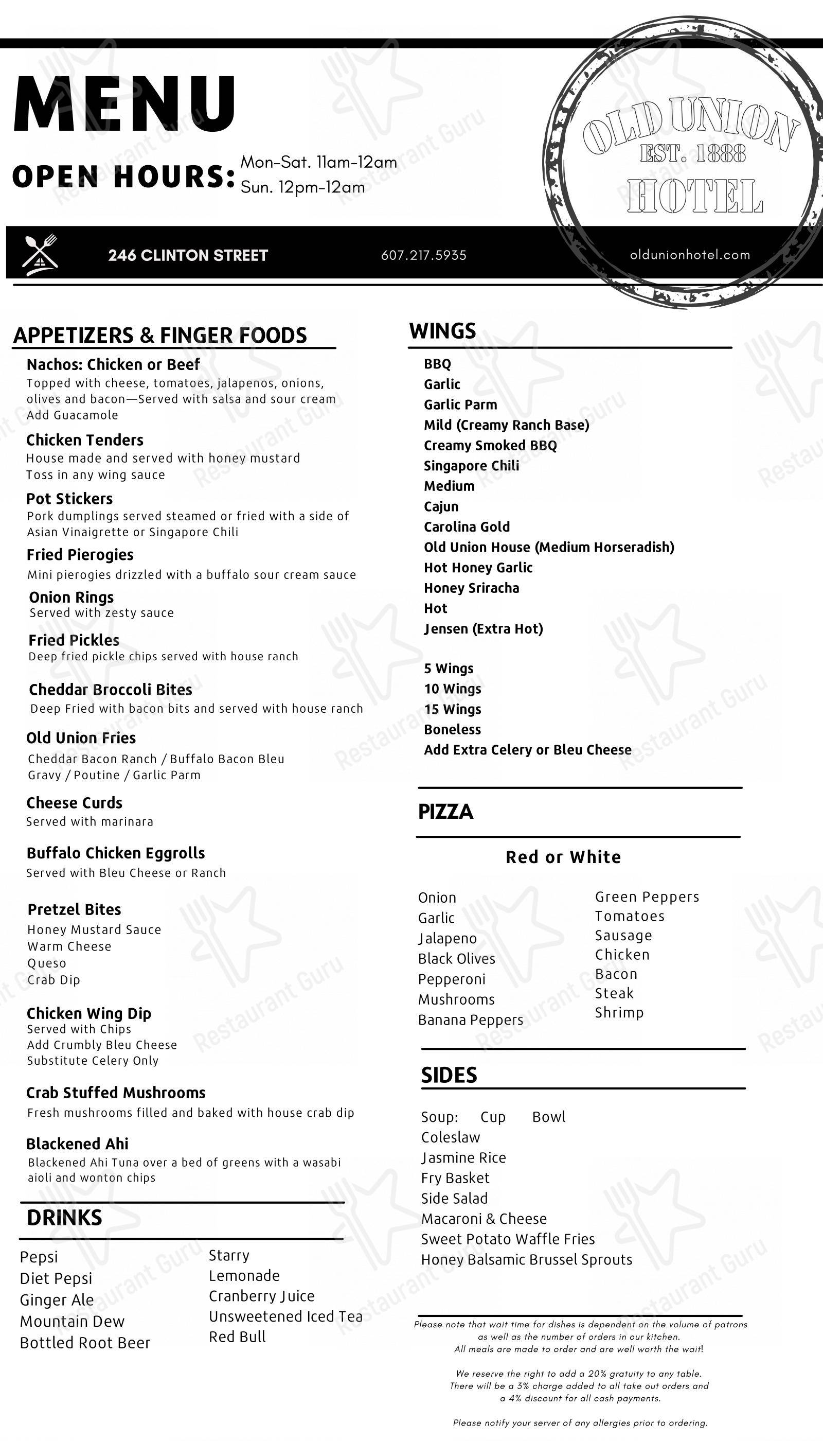 Menu at The Old Union Hotel pub & bar, Binghamton