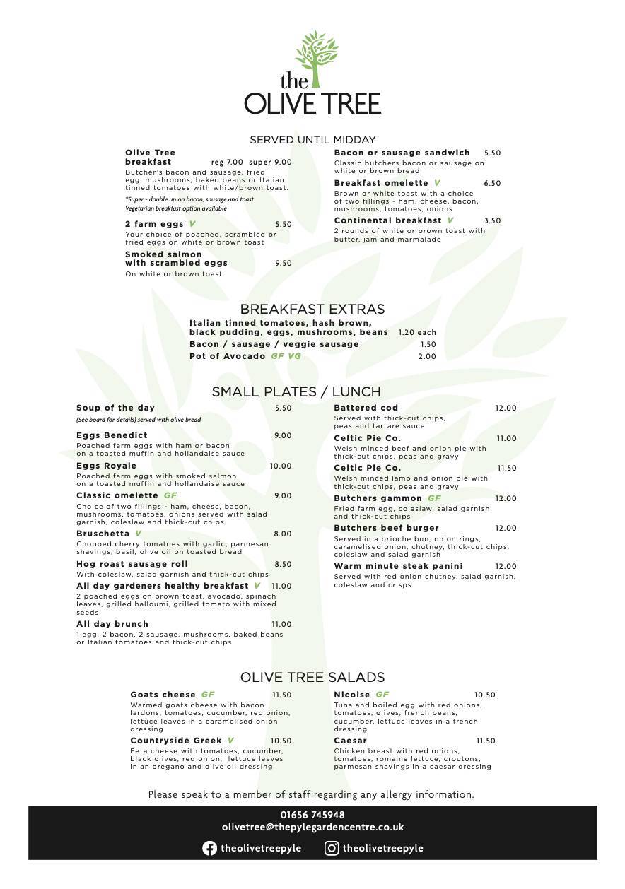 Menu at The Olive Tree restaurant, Pyle