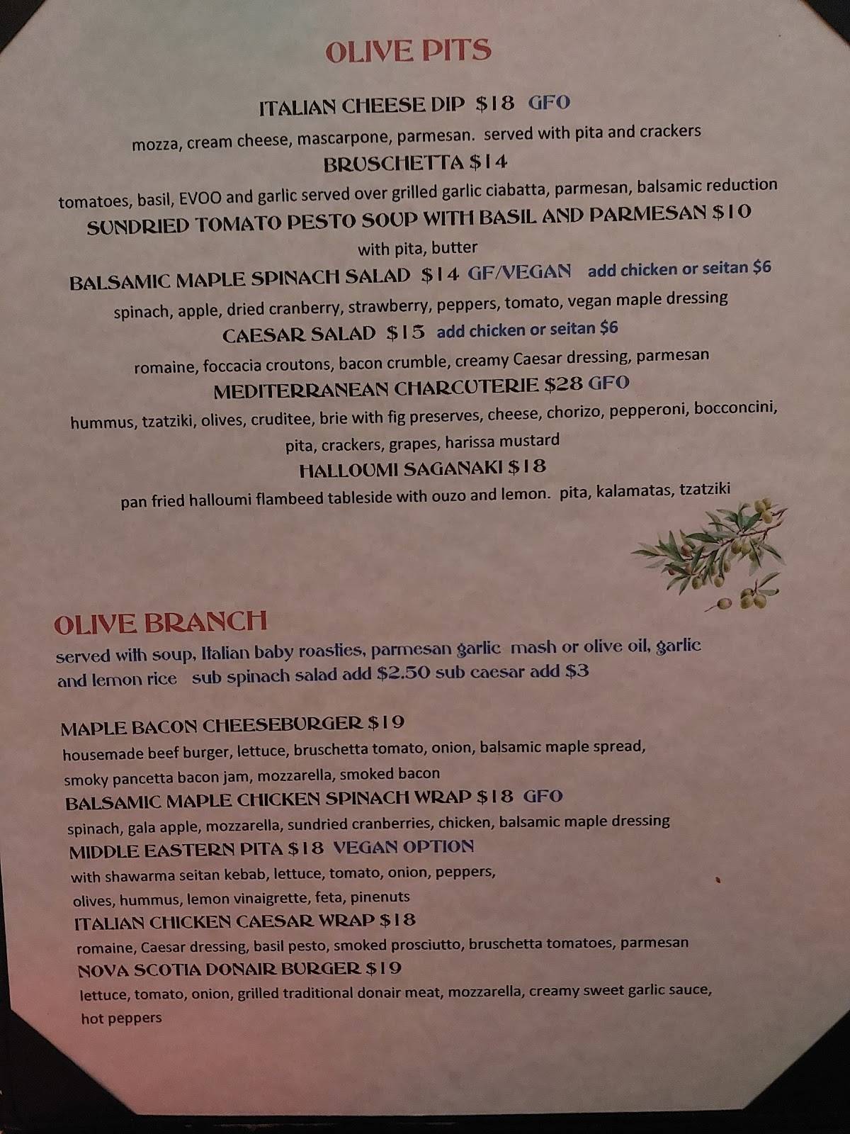 Menu at The Olive Tree restaurant, Sydney
