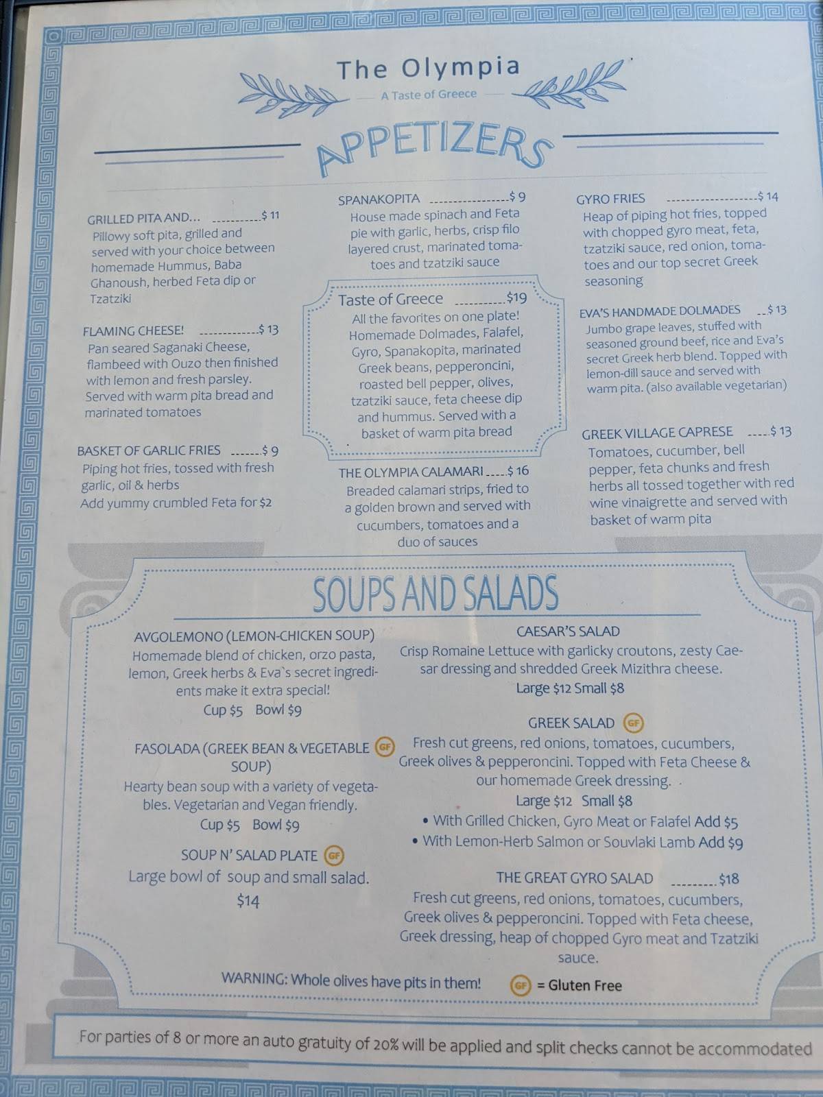 Menu at The Olympia restaurant, Coeur d'Alene