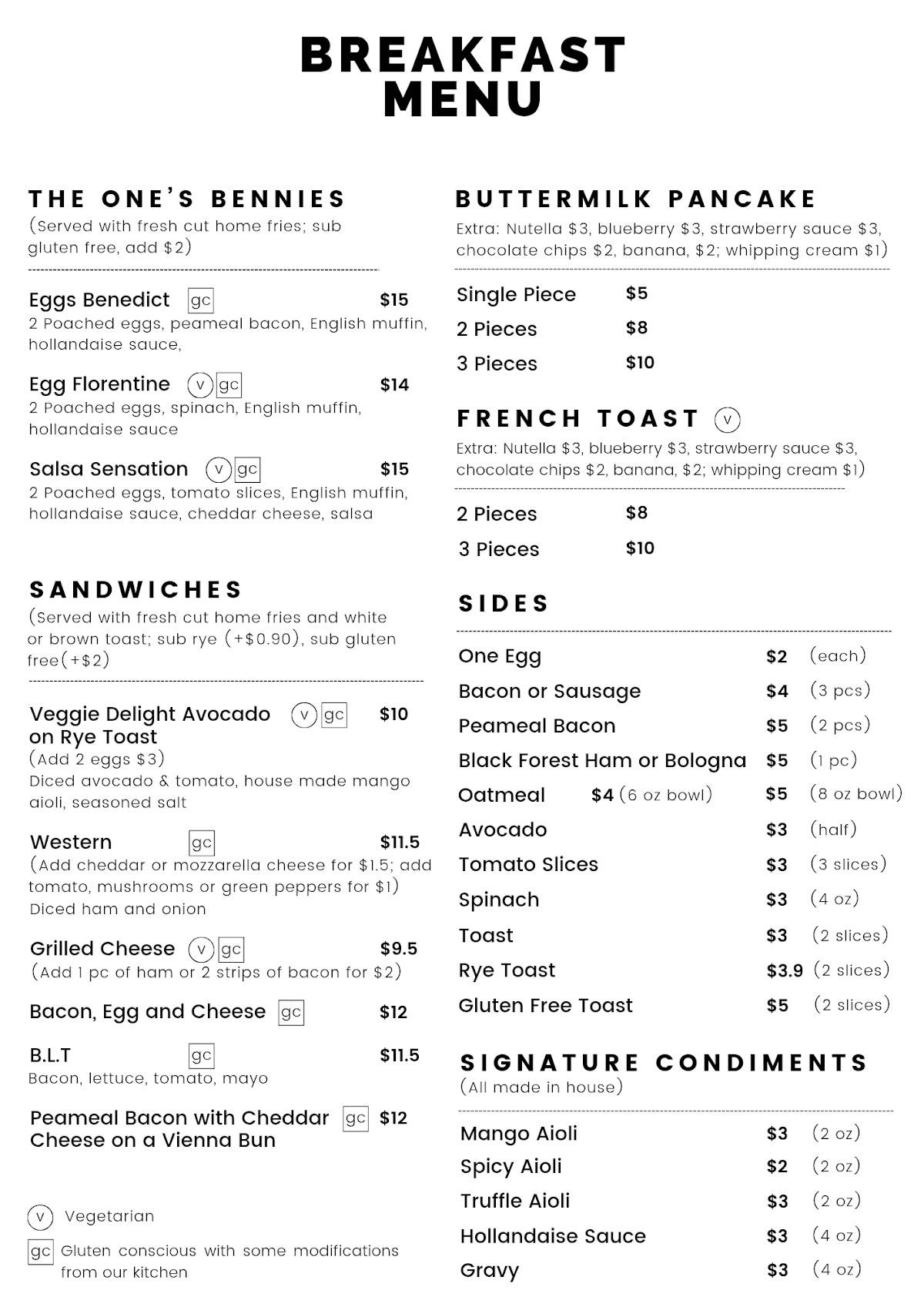 Menu au The One Restaurant, Saugeen Shores