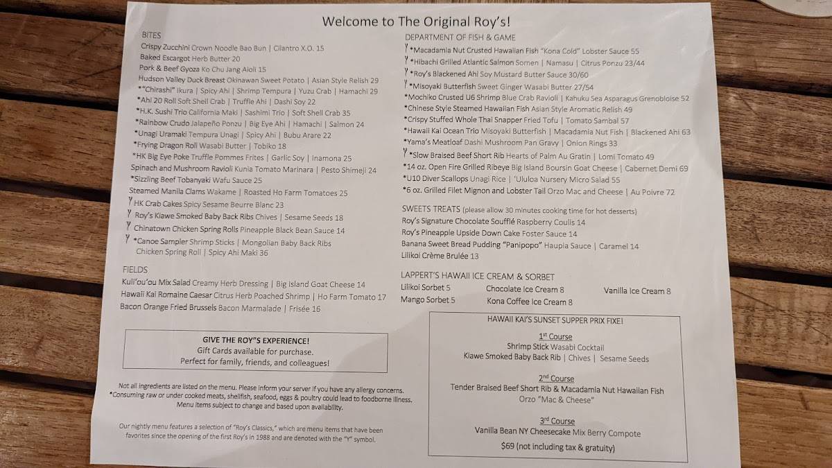 Menu at The Original Roy's in Hawaii Kai restaurant, Honolulu