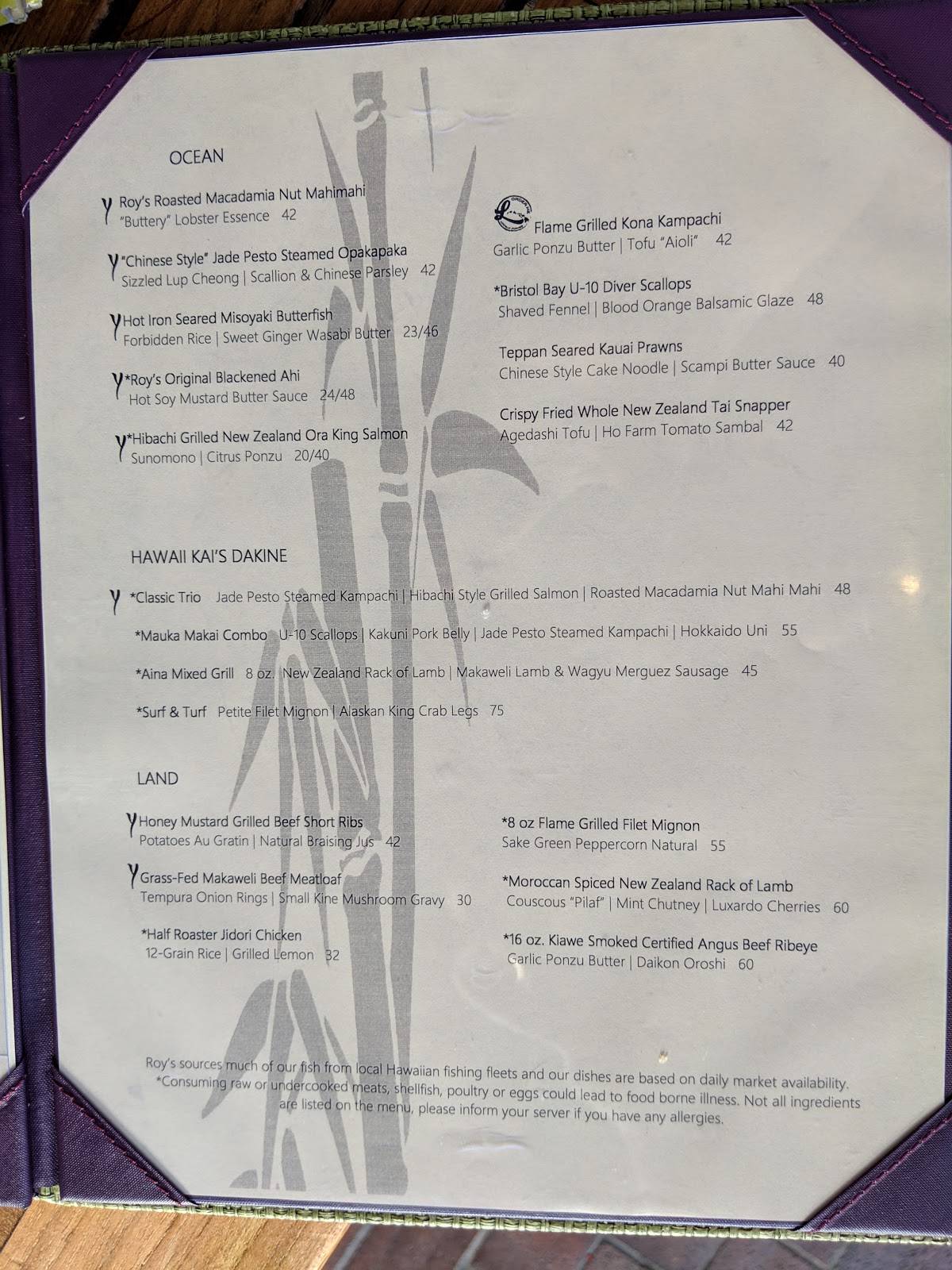 Menu at The Original Roy's in Hawaii Kai restaurant, Honolulu