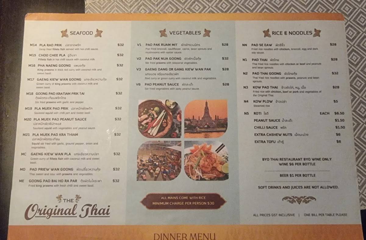 Menu at The Original restaurant, Wellington
