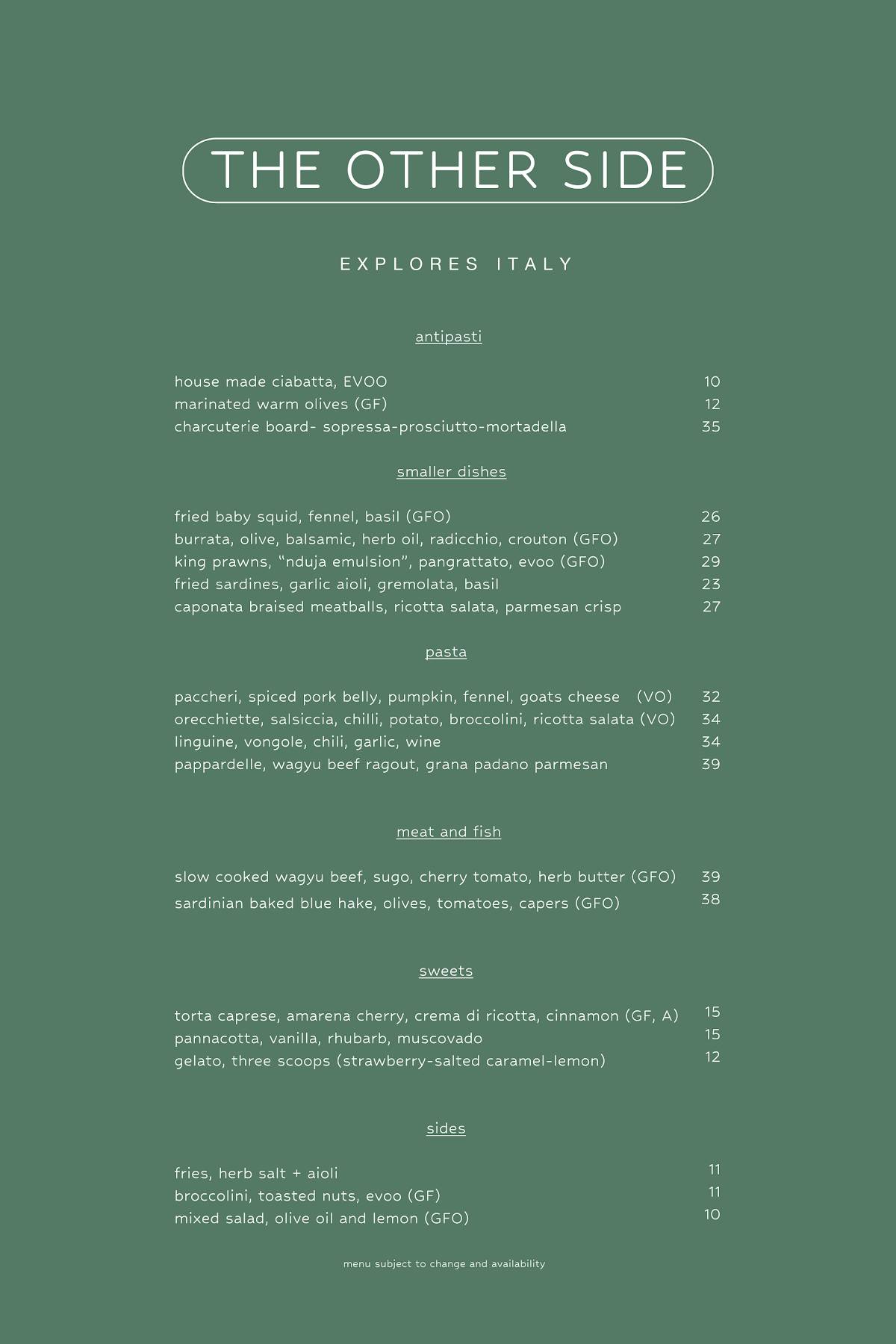 Menu at The Other Side restaurant, Port Macquarie