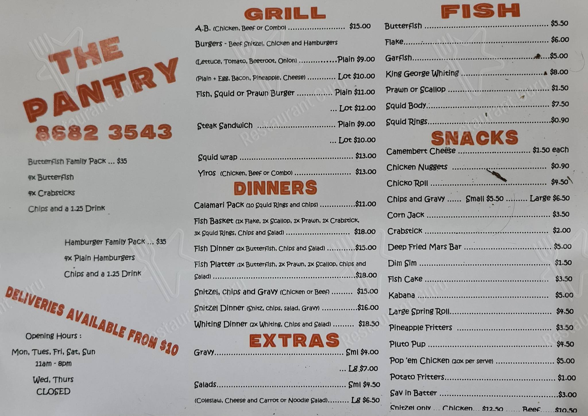 Menu at The Pantry fast food, Port Lincoln