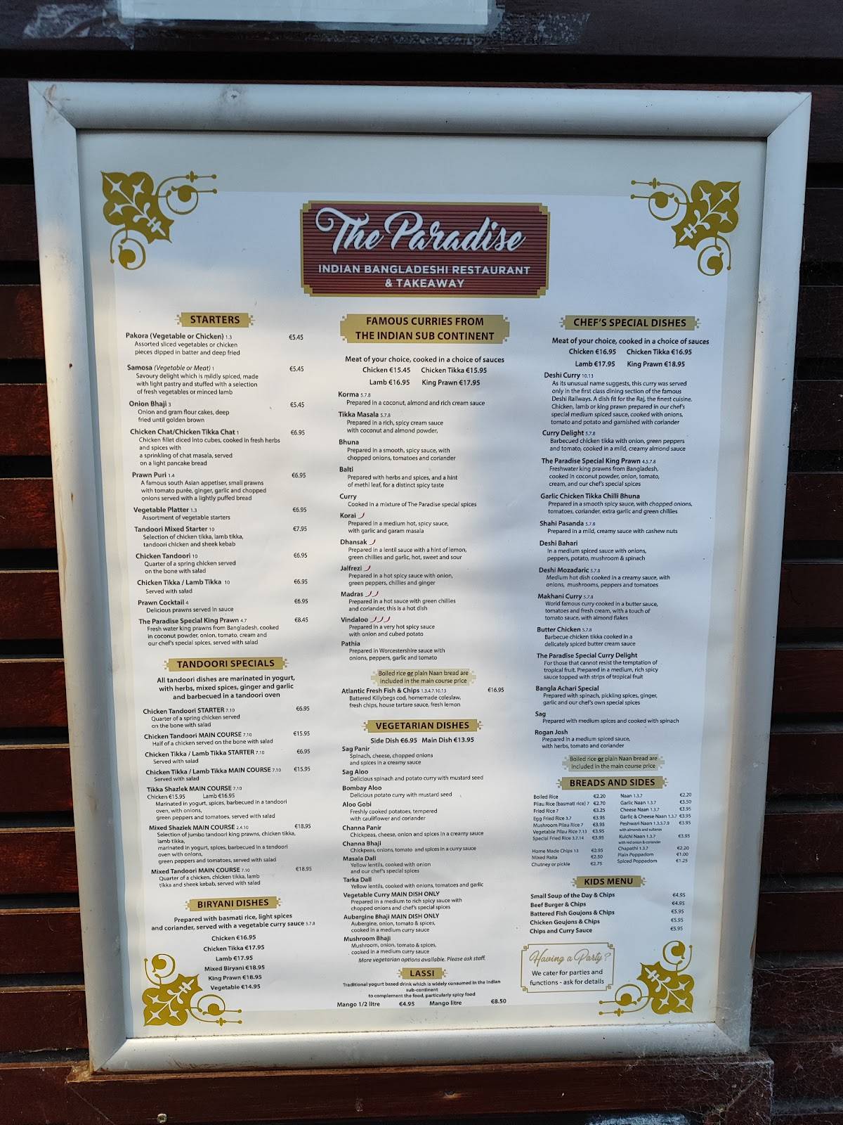 Menu at The Paradise, Indian Bangladeshi restaurant & takeaway, Ballybofey
