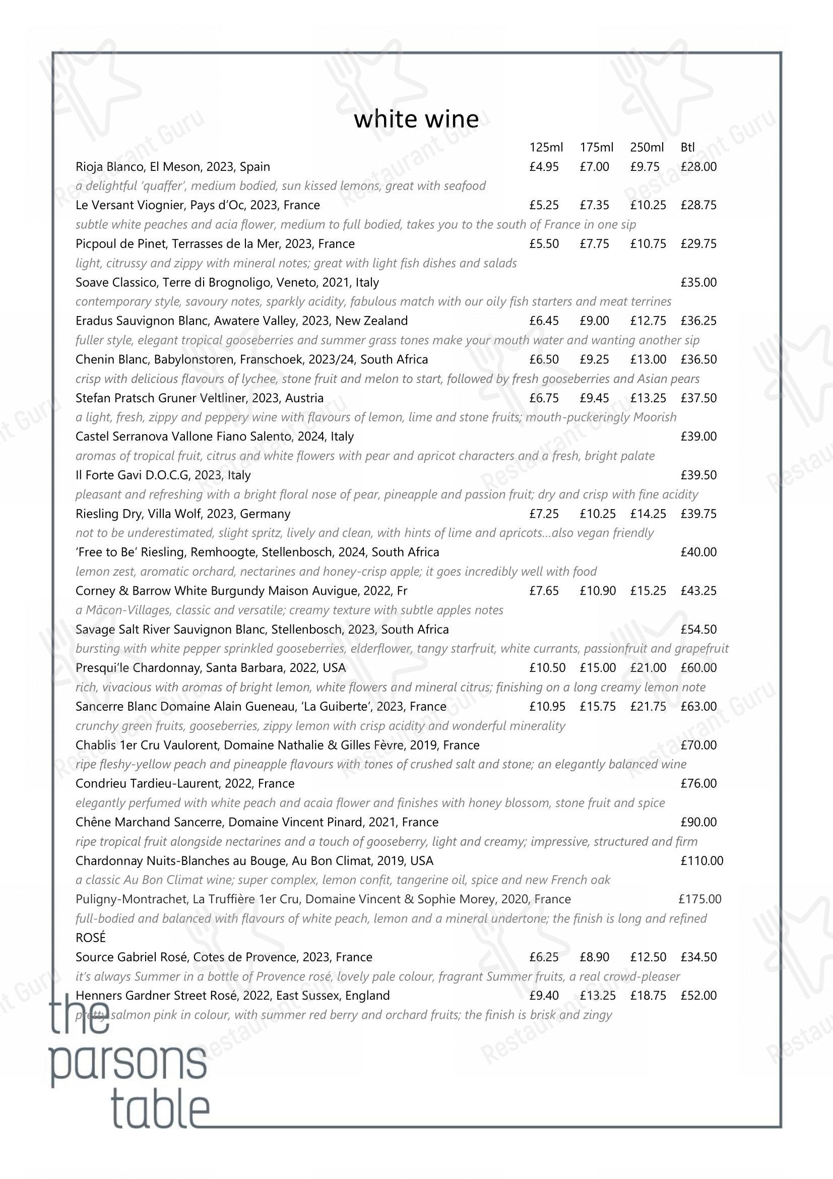 Menu at The Parsons Table restaurant, Arundel