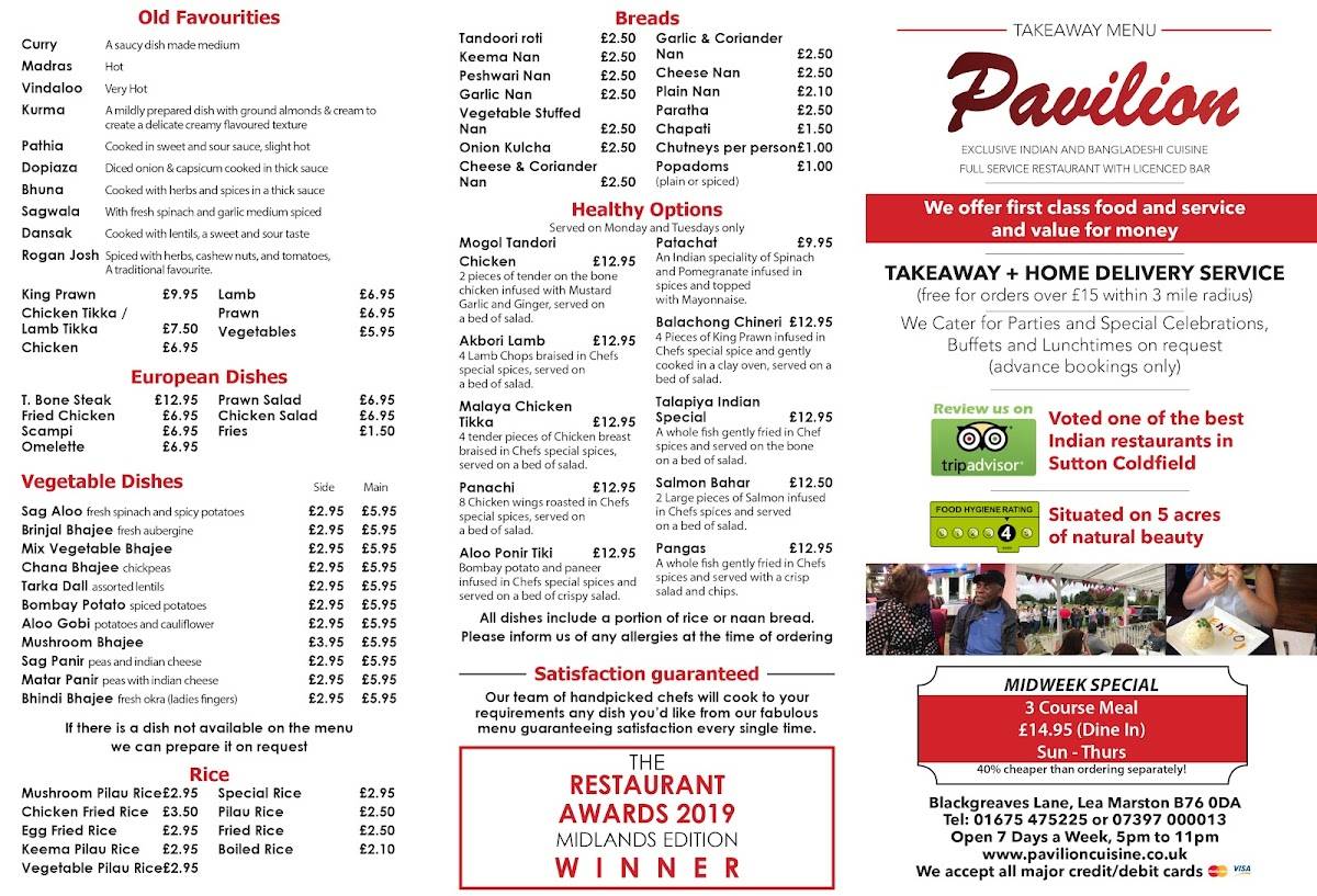 Menu at The Pavilion restaurant, Curdworth