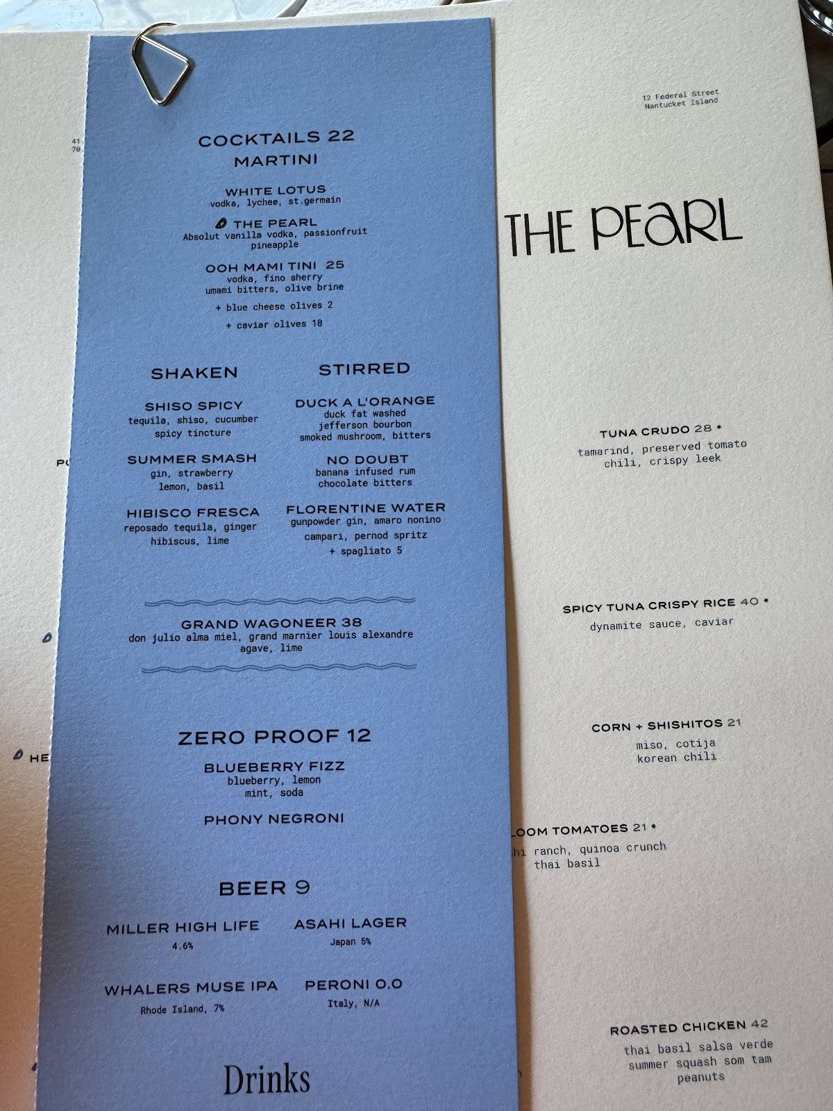 Menu at The Pearl restaurant, Nantucket