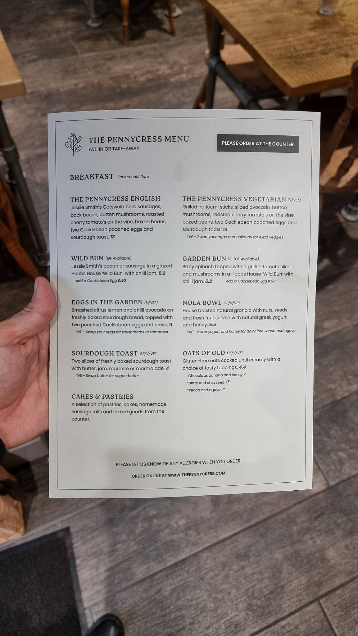 Menu at The Pennycress cafe, Cirencester