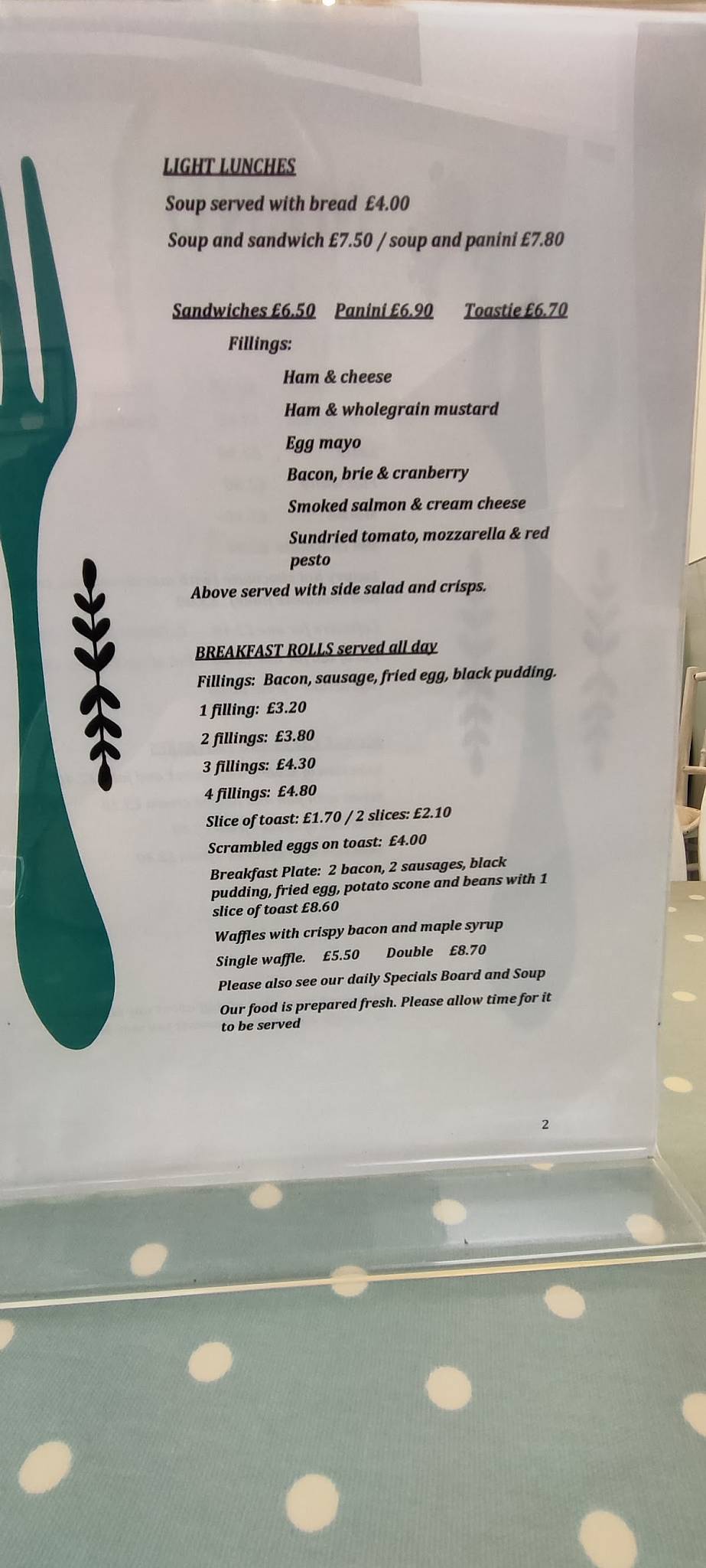 Menu at The Peony Rose Coffee House, Selkirk