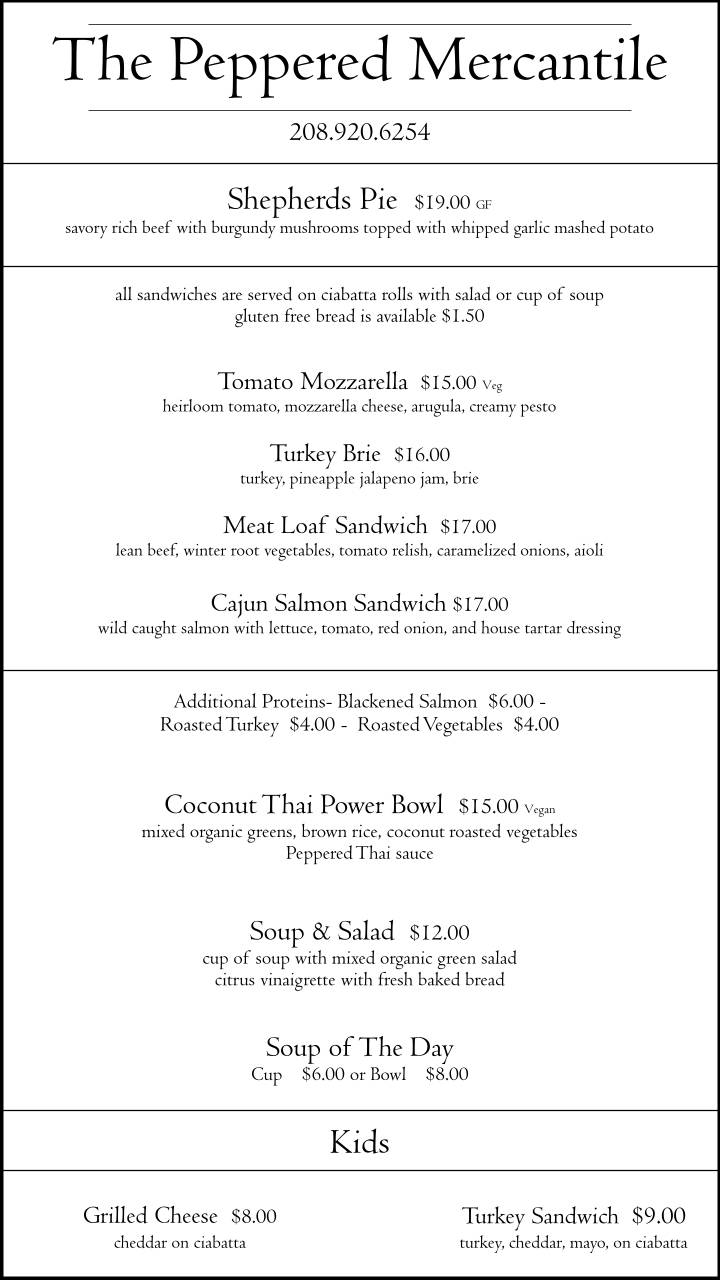 Menu at The Peppered Mercantile cafe, Sandpoint