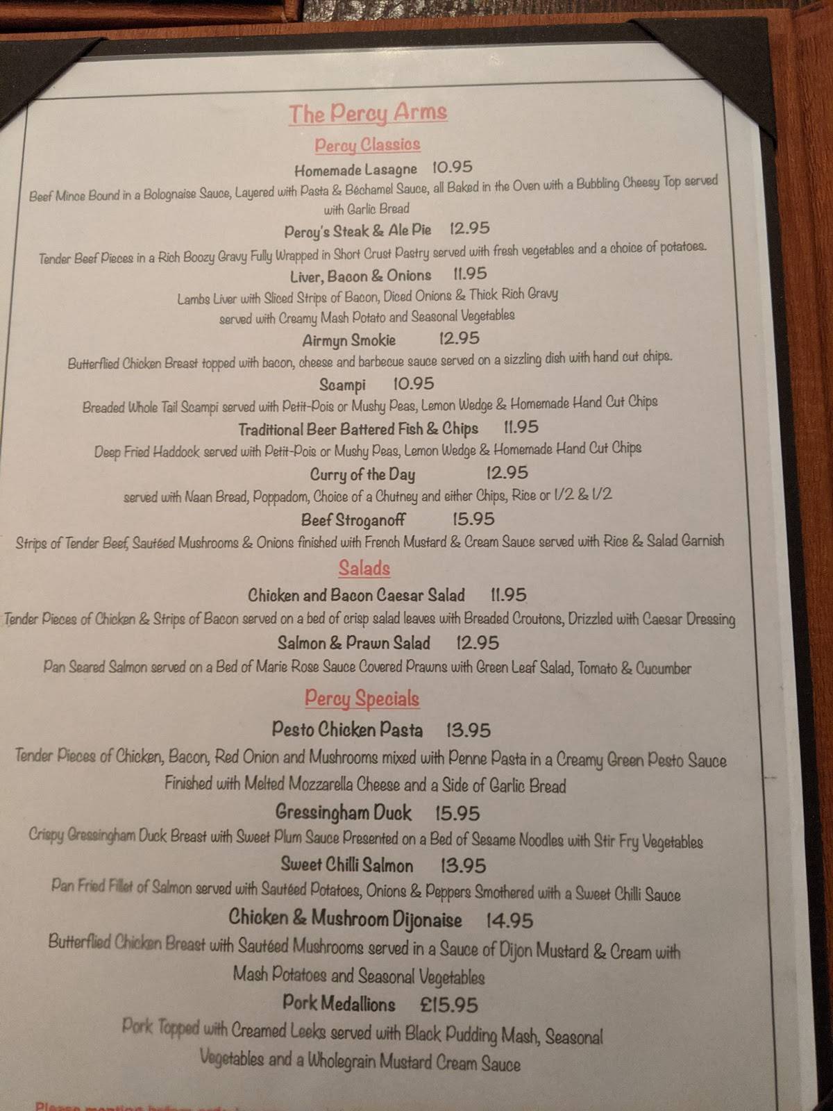 Menu at The Percy Arms pub & bar, Goole